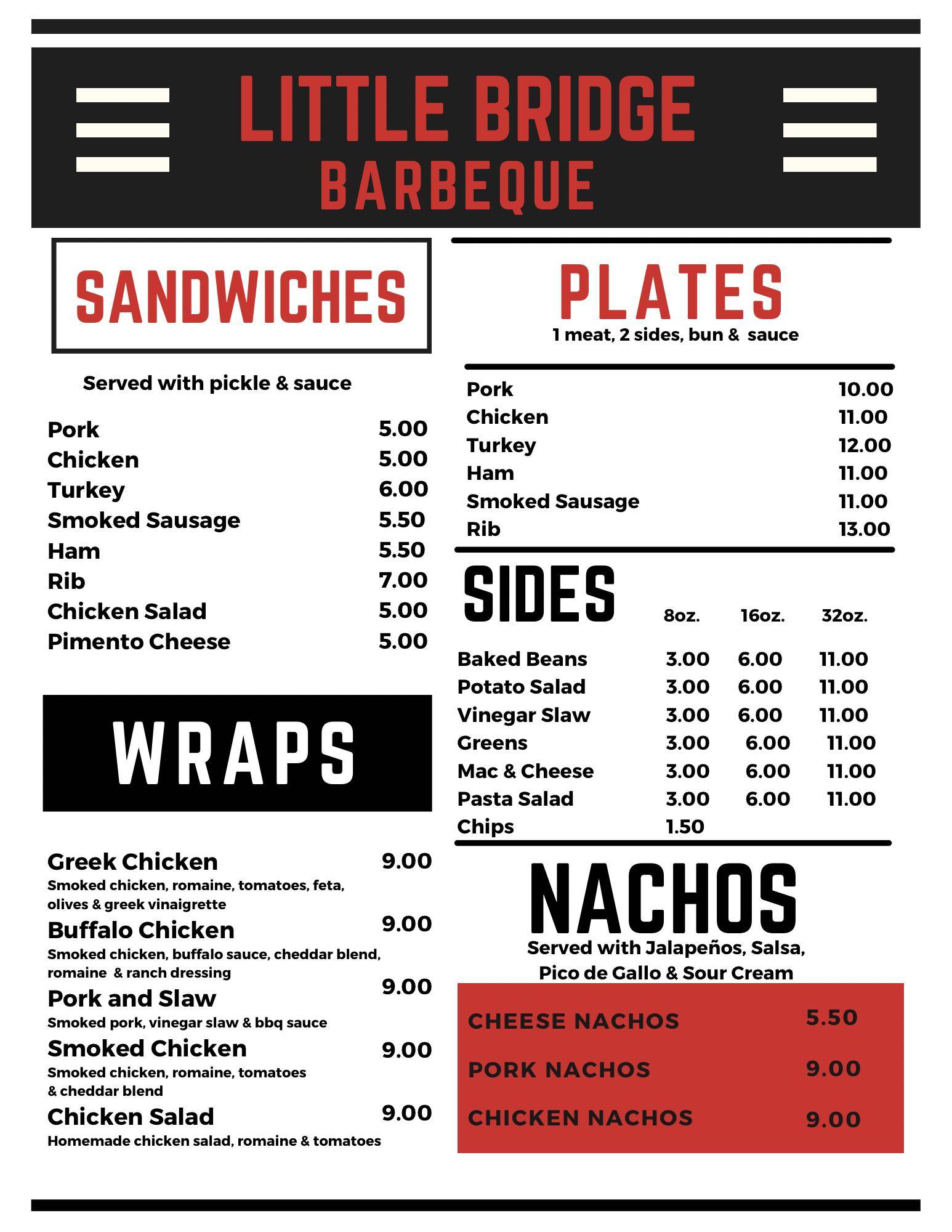 Menu at Little Bridge Marina LLC BBQ, Rainbow City
