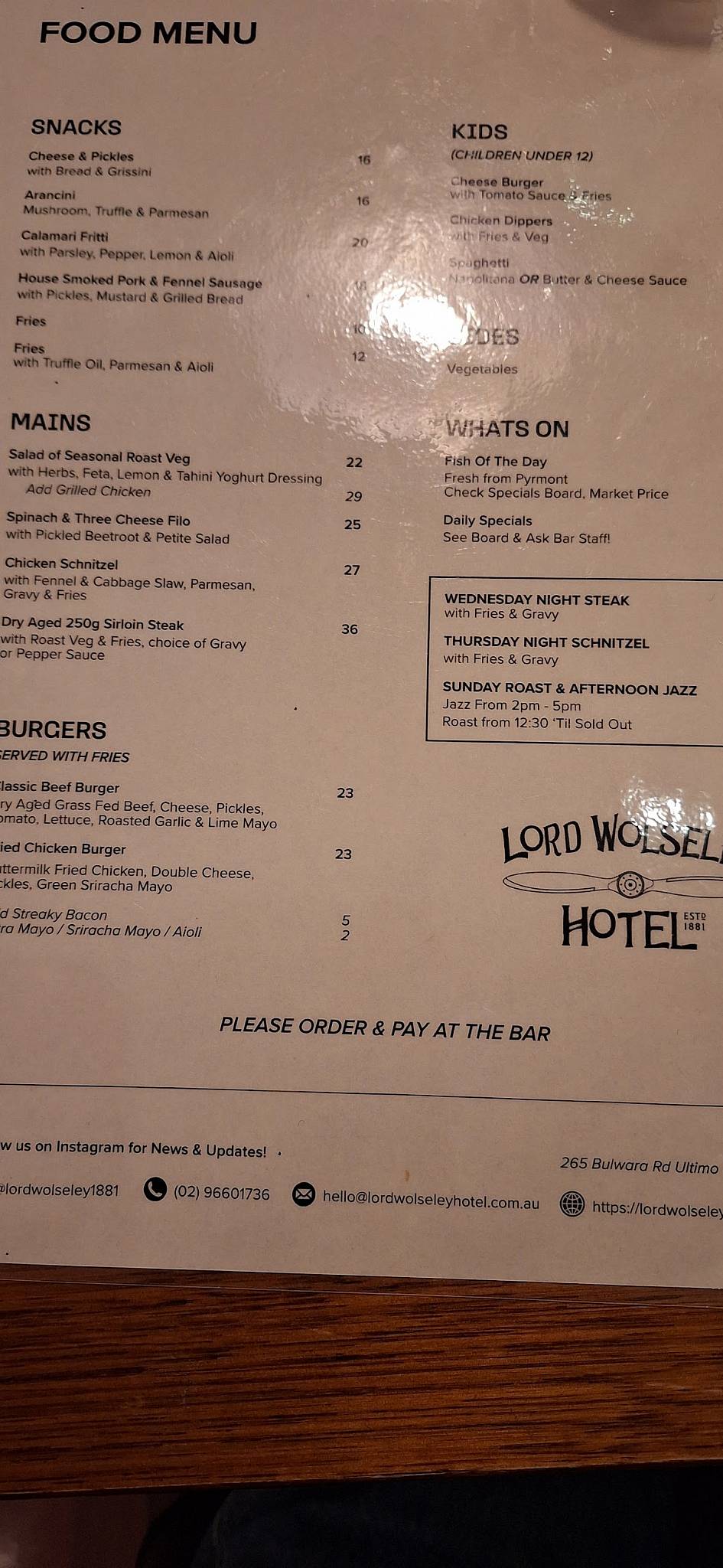 Menu at Lord Wolseley Hotel pub & bar, Ultimo