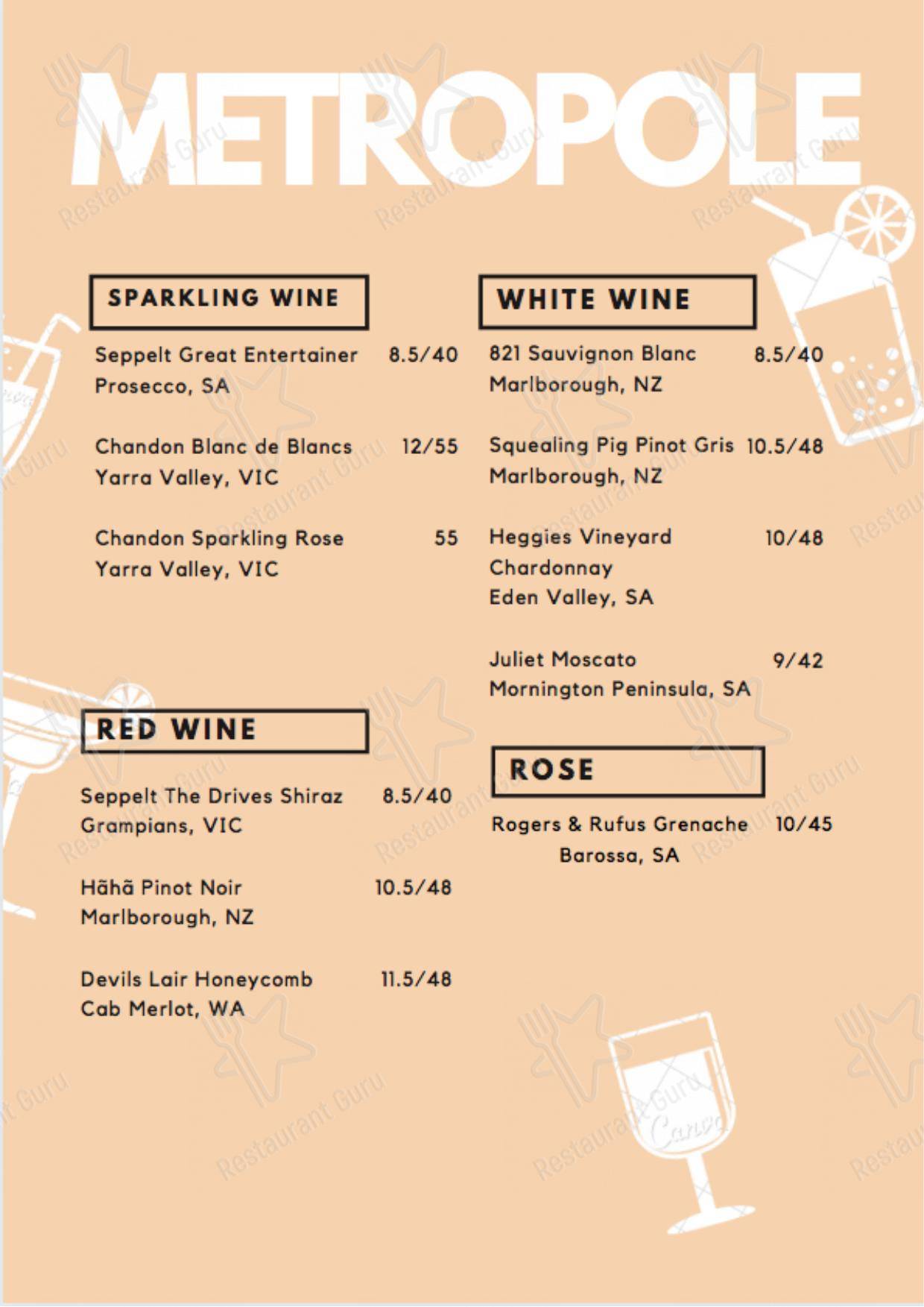 Menu at Metropole Bar & Eatery, Brisbane City