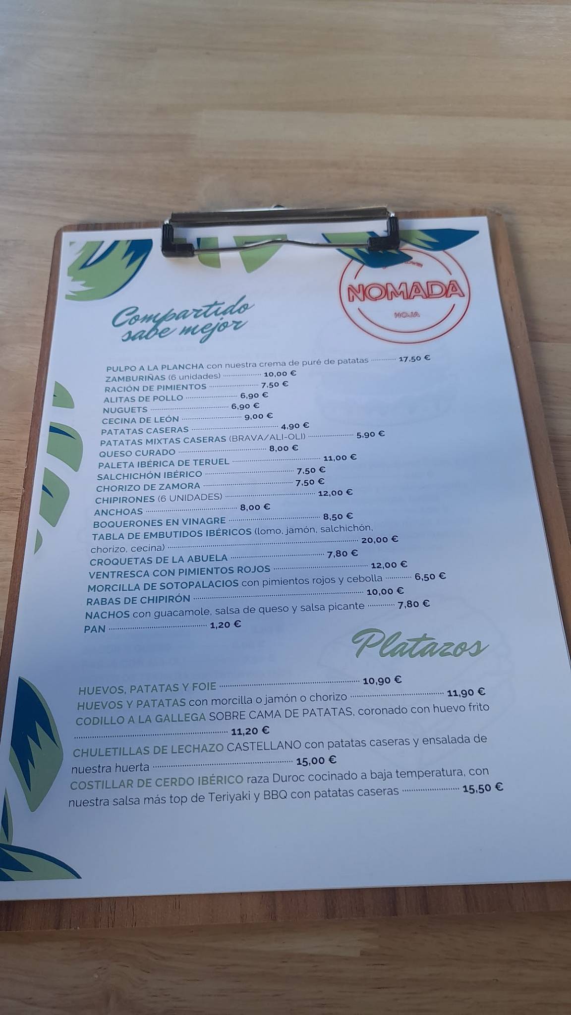 Carta de Bar Nomada, Noja