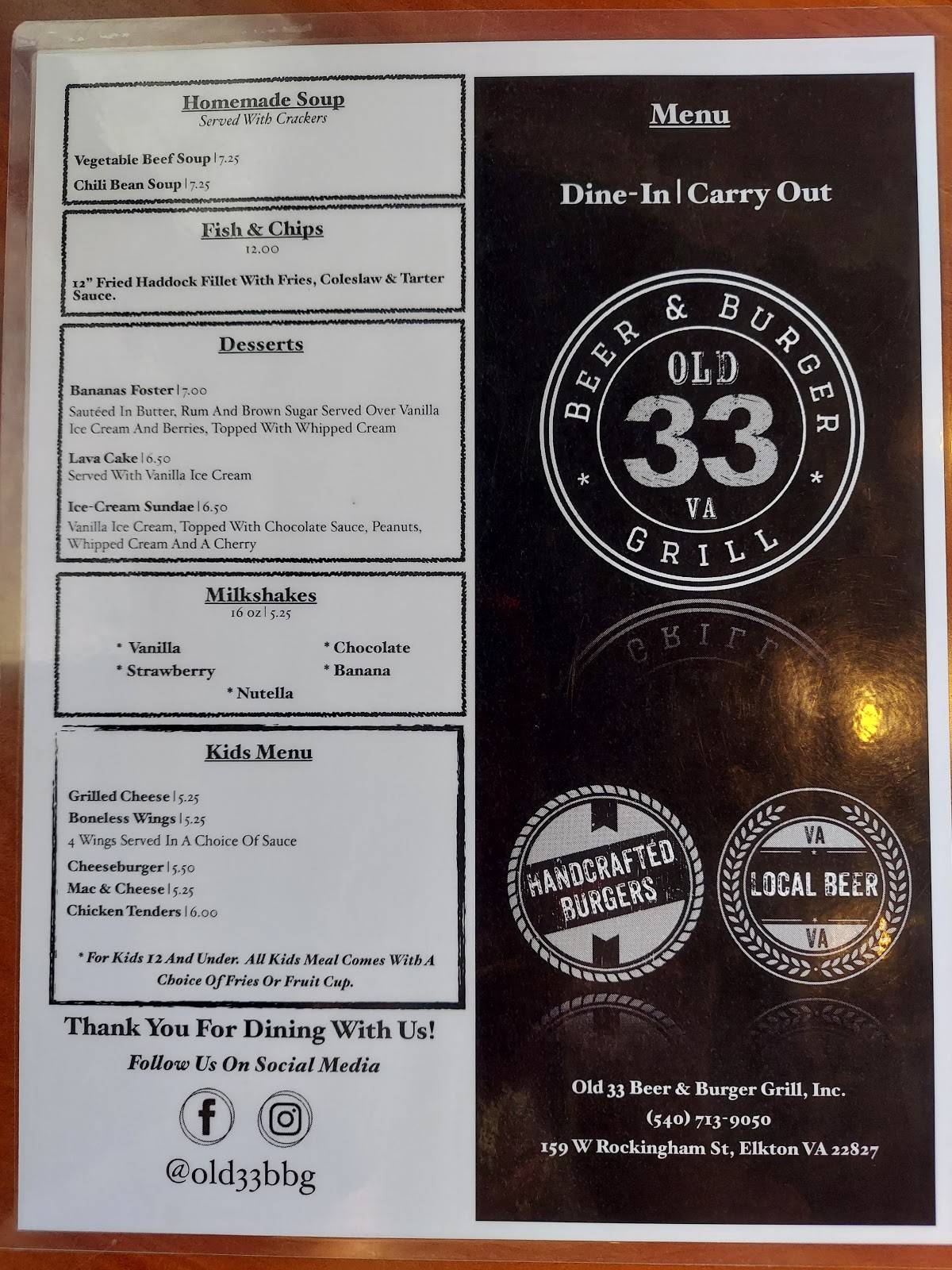 Menu at Old 33 Beer & Burger Grill, Inc. pub & bar, Elkton
