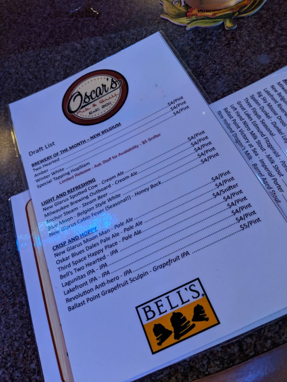 Menu at Oscar's Pub & Grill, Milwaukee