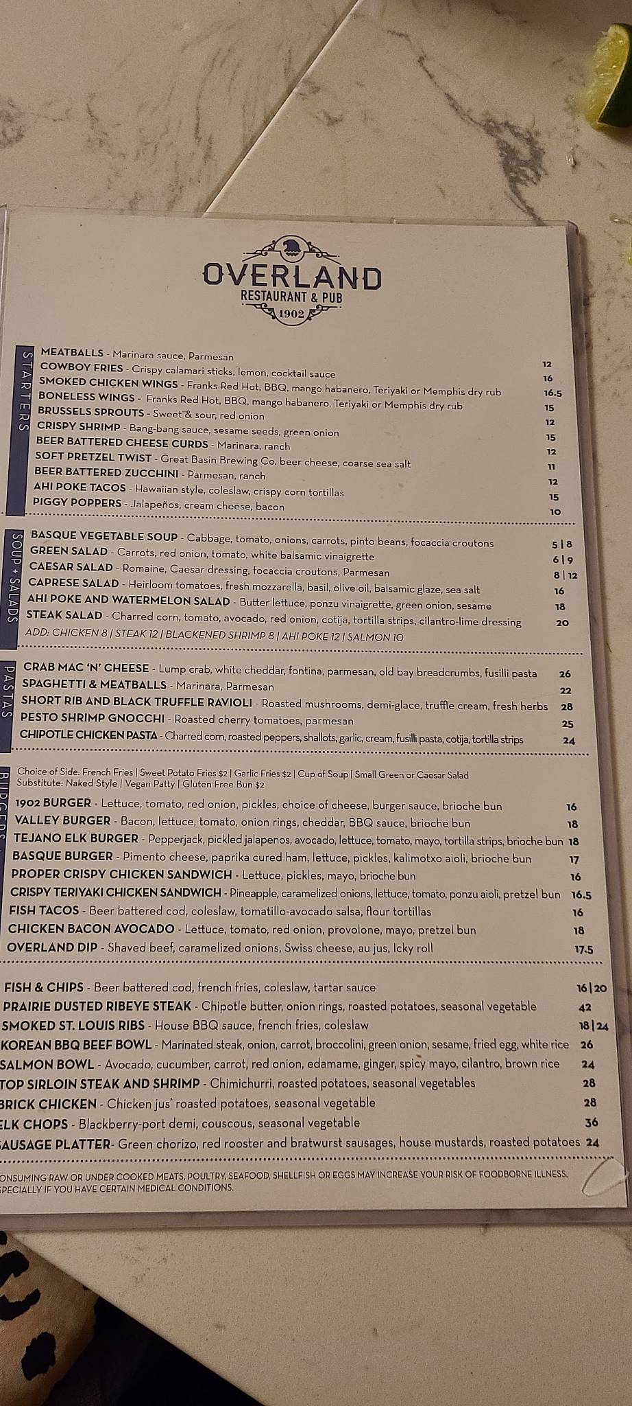 Menu at Overland Restaurant & Pub, Gardnerville, U.S. Hwy 395 N