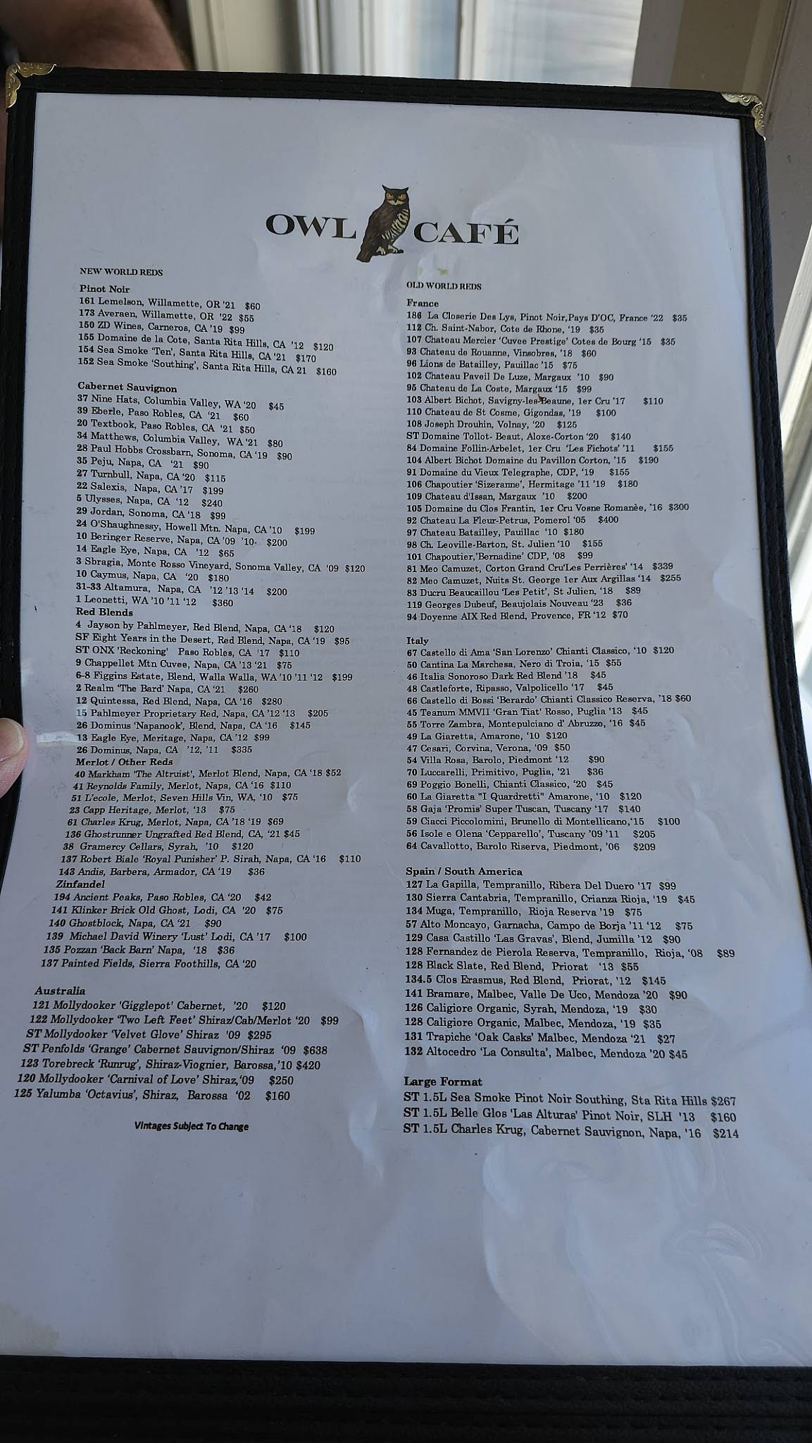 Menu at Owl Café pub & bar, Apalachicola