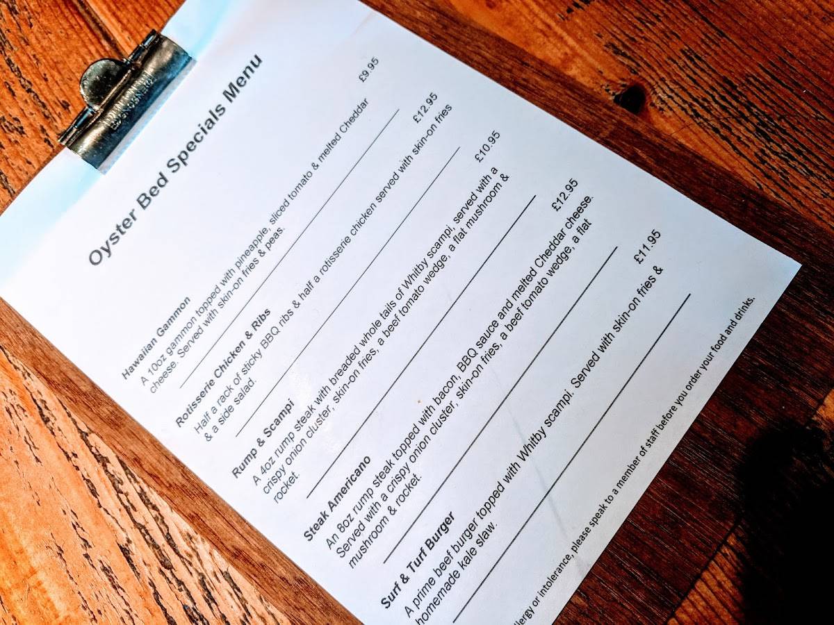 Menu at Oyster Bed pub & bar, Whitstable