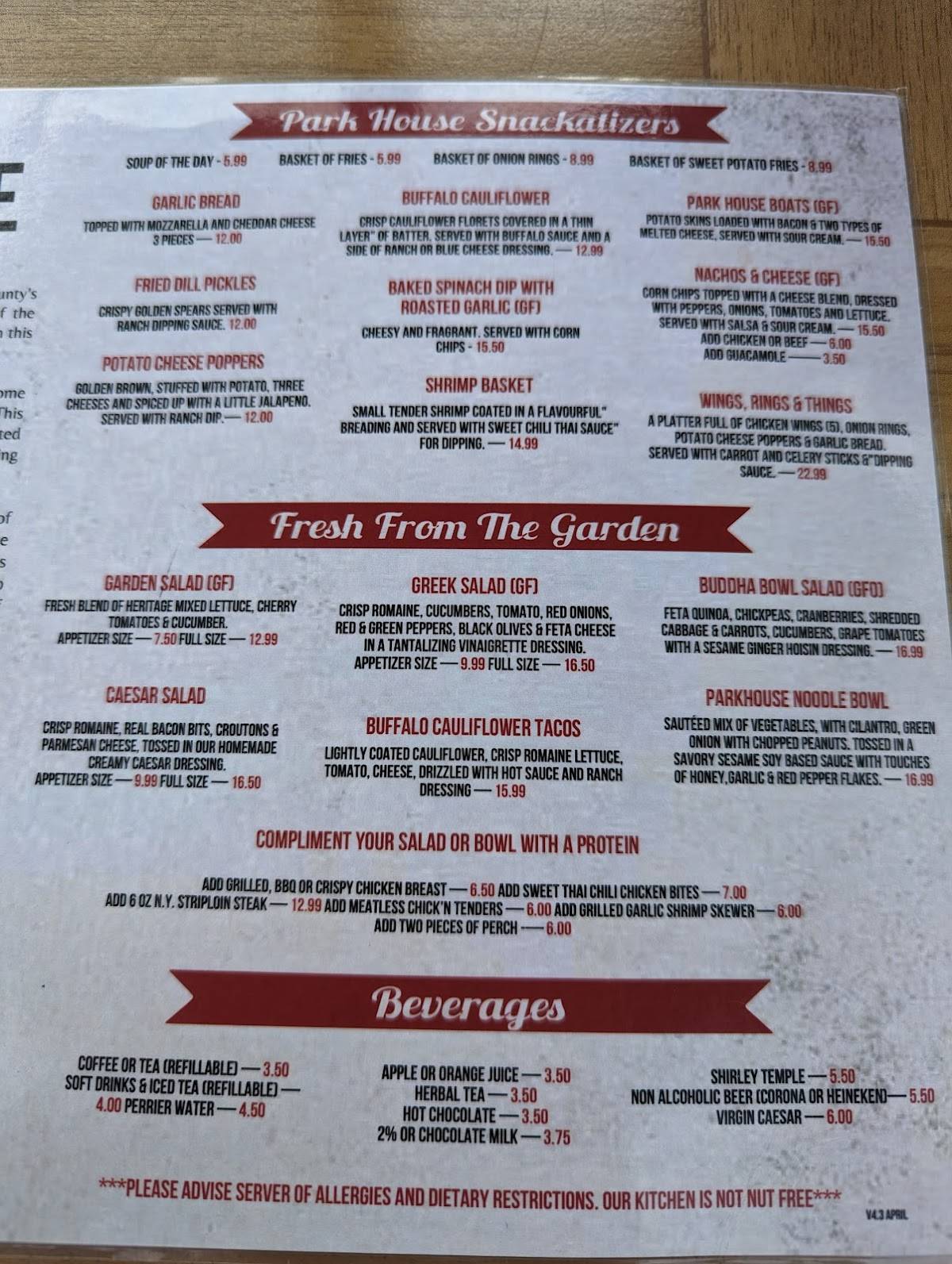 Menu at Park House Bar & Restaurant, Goderich