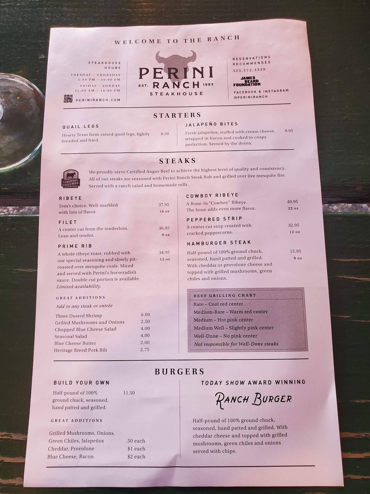 Menu at Perini Ranch Steakhouse, Buffalo Gap