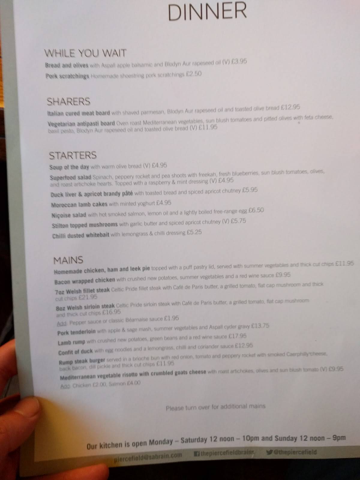 Menu at Piercefield pub & bar, Chepstow