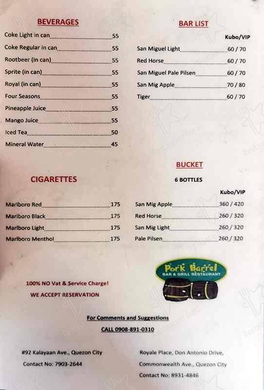 Menu at Pork Barrel - Kalayaan, Quezon City, 92 Kalayaan Ave