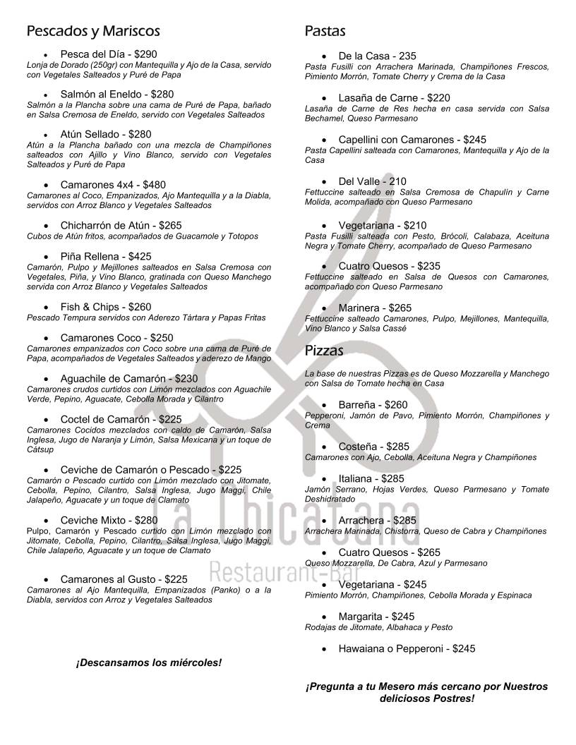 Menu at Restaurante La Chicatana, La Crucecita