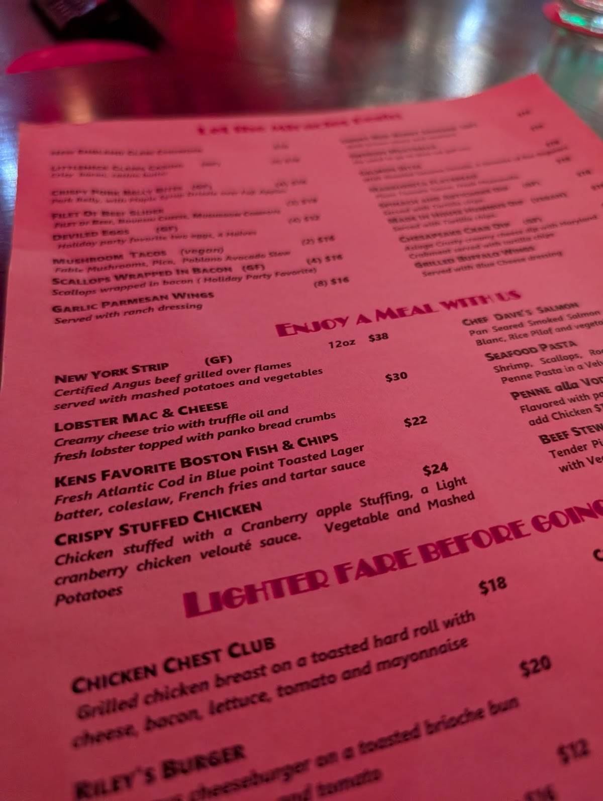 Menu at Riley's by the Sea pub & bar, Stratford