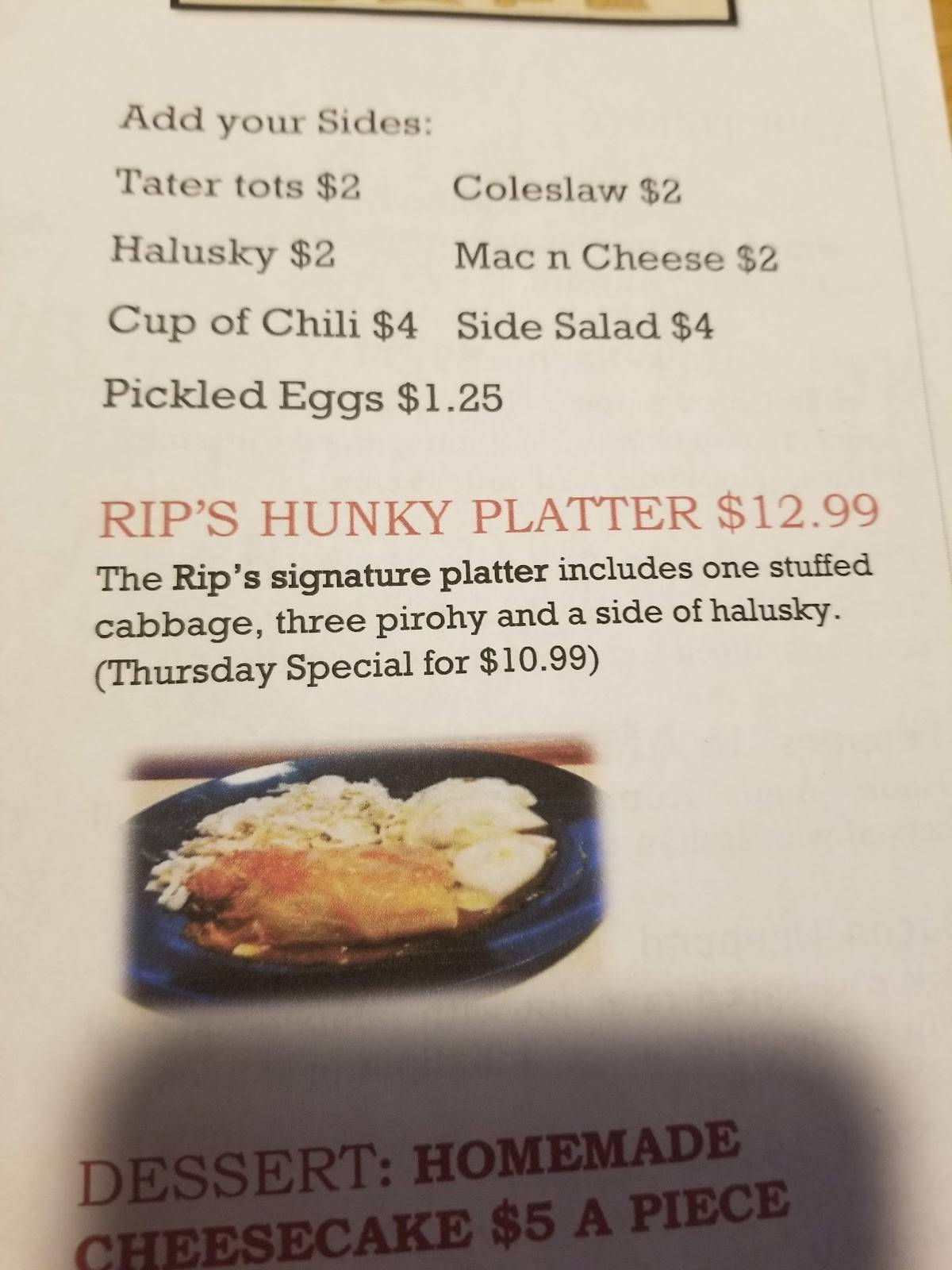 Menu at Rips Cafe, Struthers