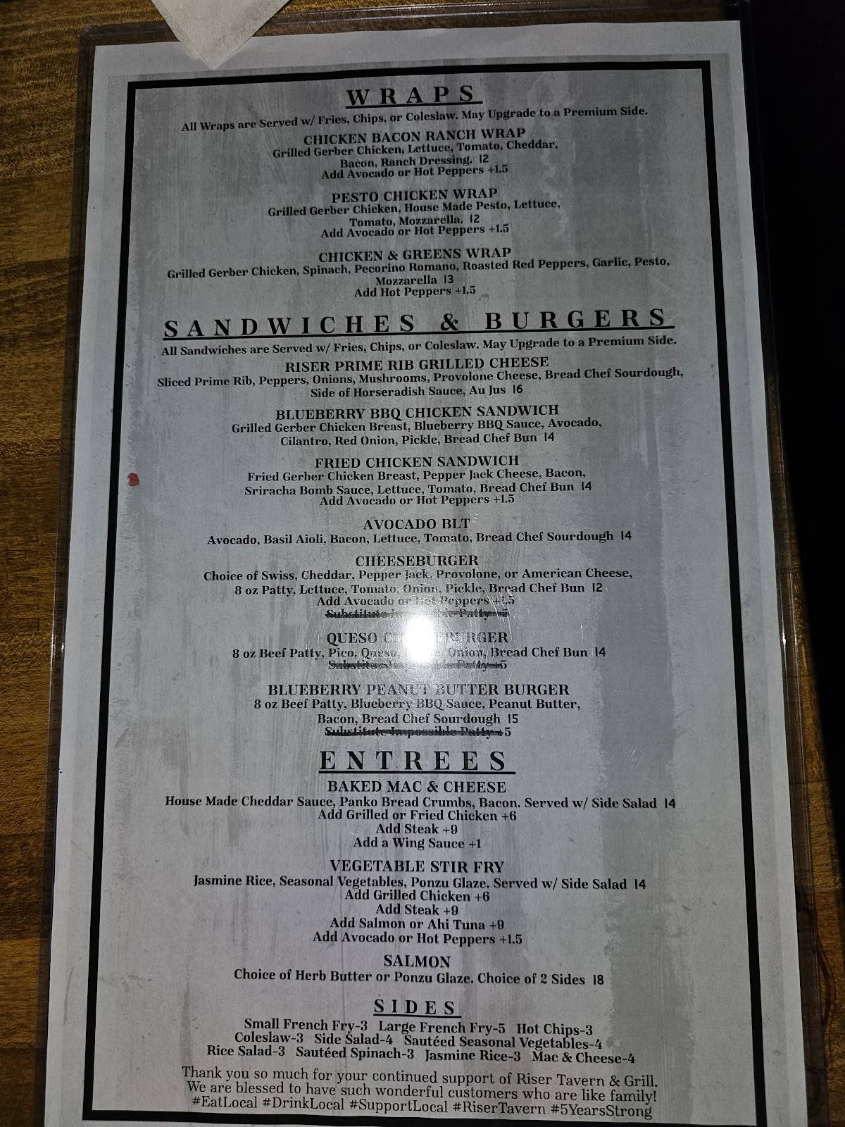 Menu at Riser Tavern & Grill pub & bar, Boardman