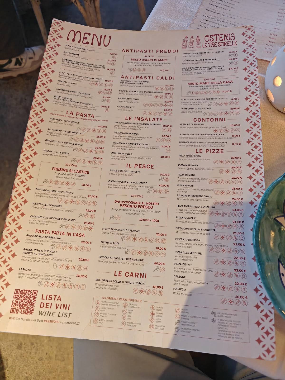 Menu at Ristorante Le Tre Sorelle Positano, Positano, Via del Brigantino