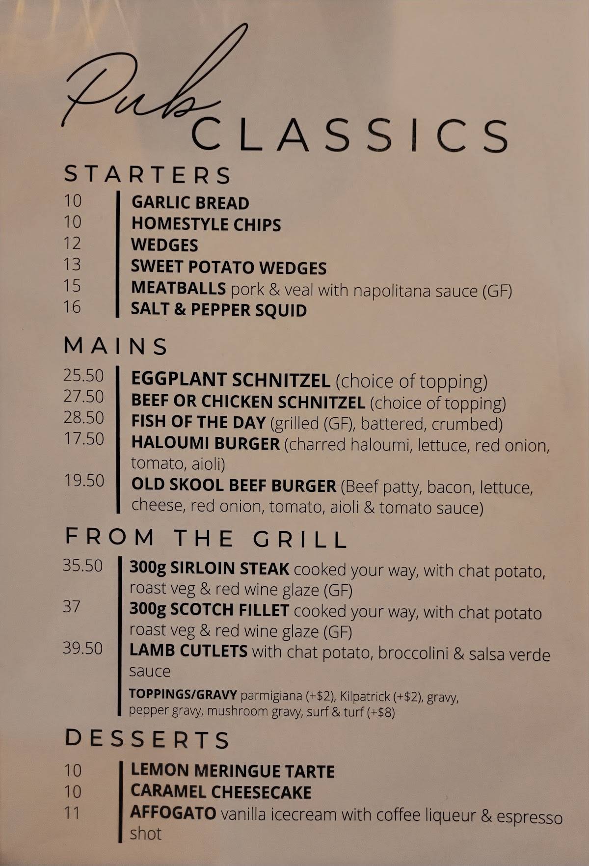 Menu at Rob Roy Hotel pub & bar, Adelaide