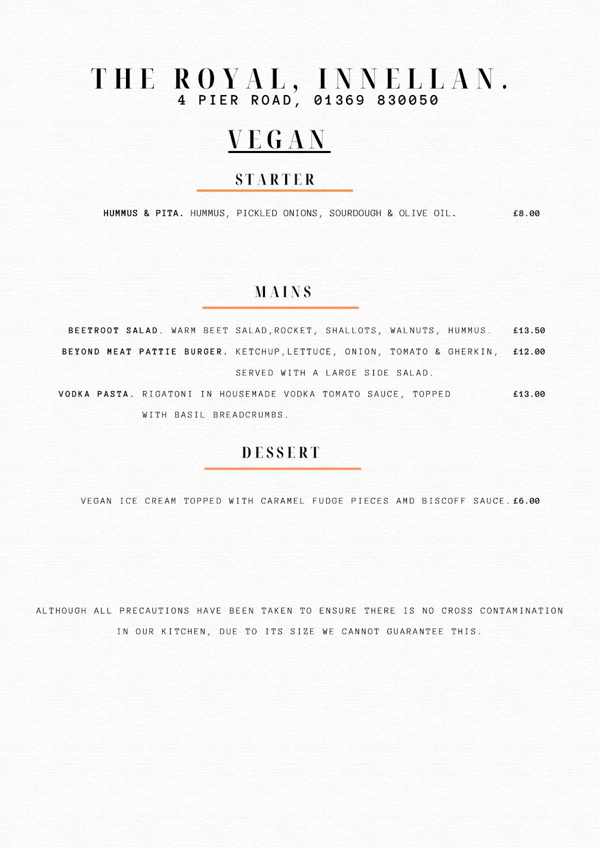 Menu at Royal Bar, Innellan