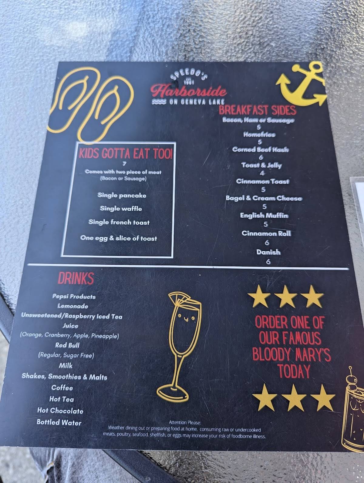 Menu at Speedo's Harborside Pub & Grill, Lake Geneva