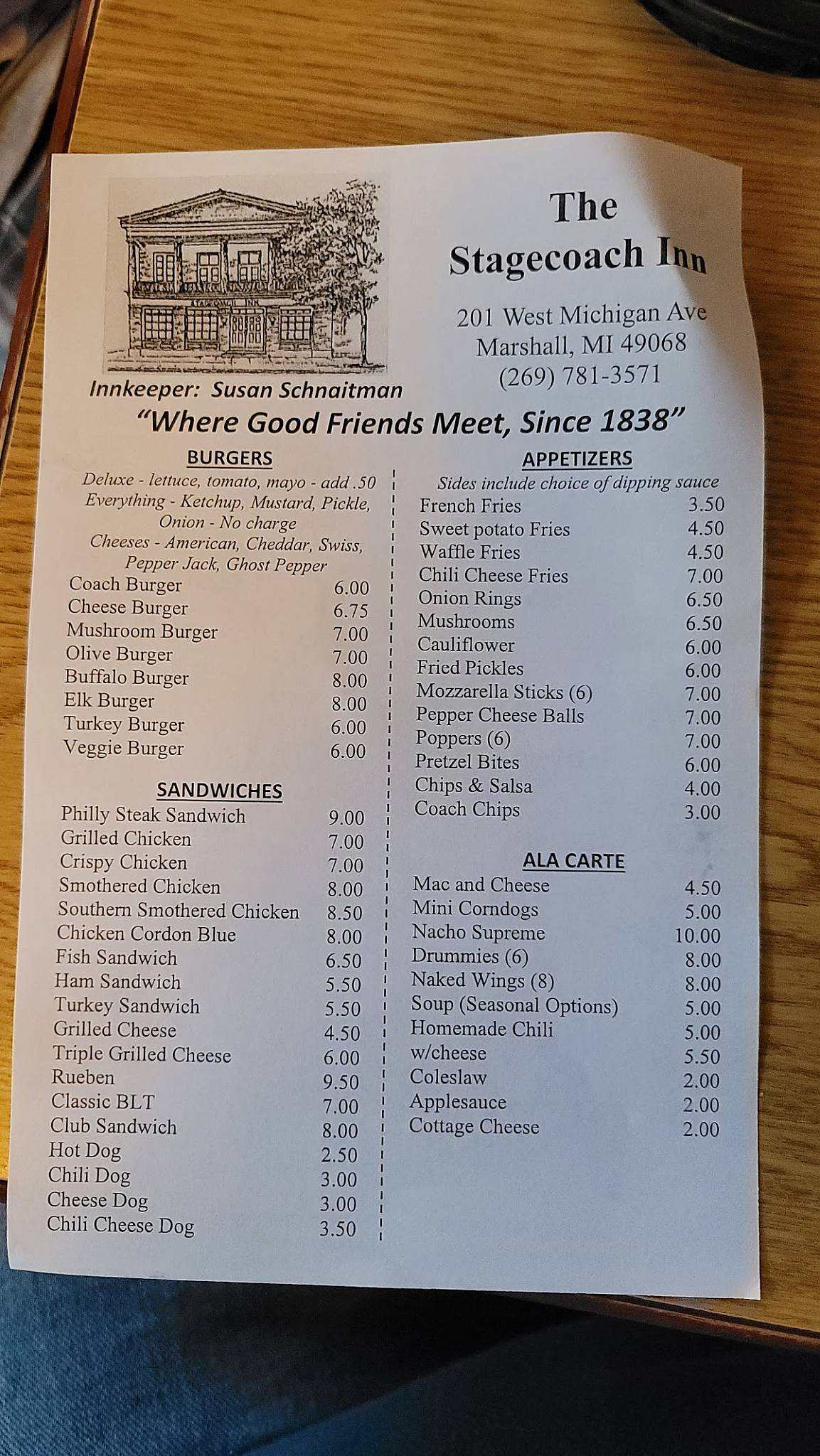 Menu at The Stagecoach Inn pub & bar, Marshall