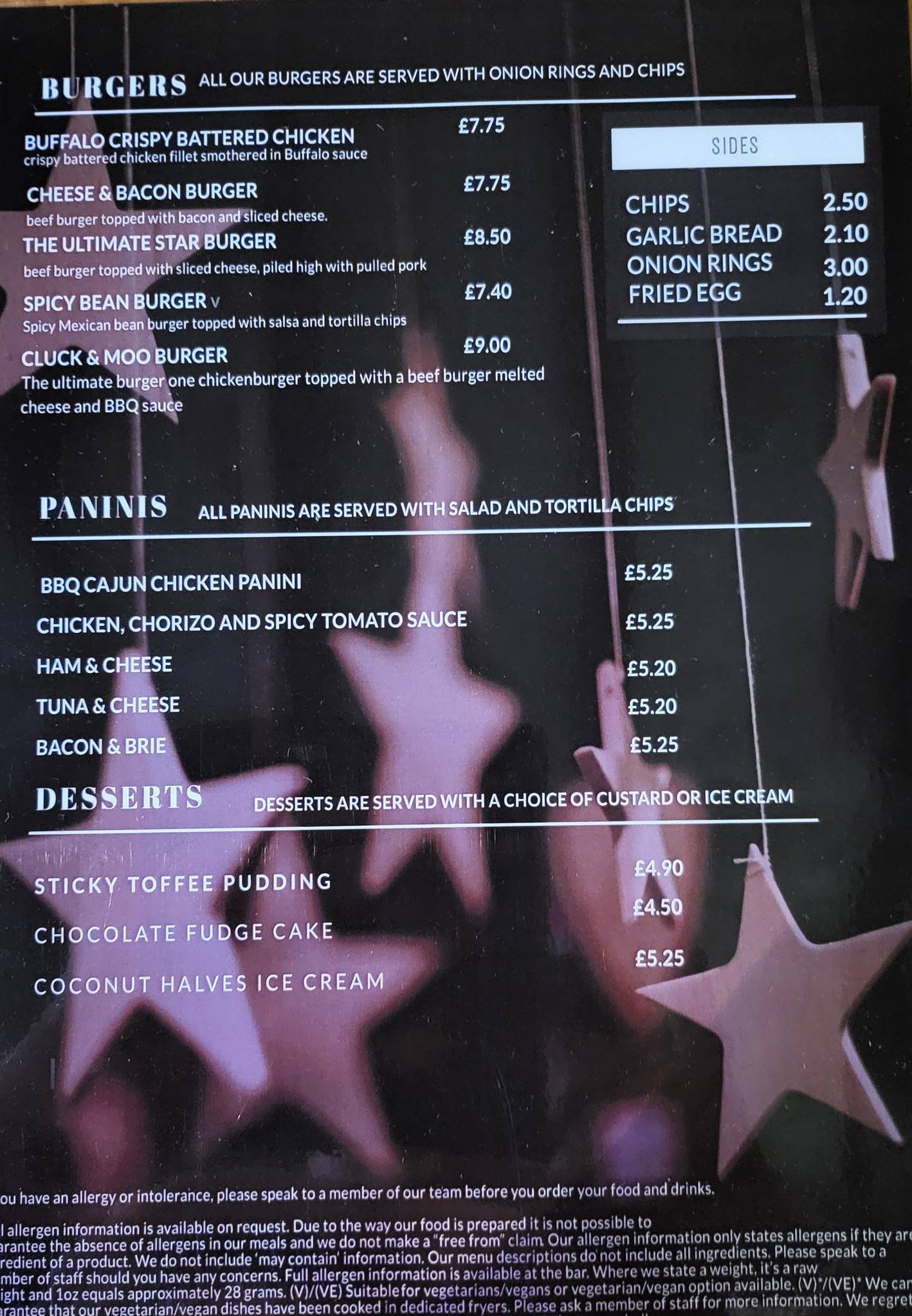Menu at Star Inn pub & bar, Stoney Stanton