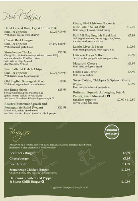 Menu at Stonehenge Inn pub & bar, Amesbury
