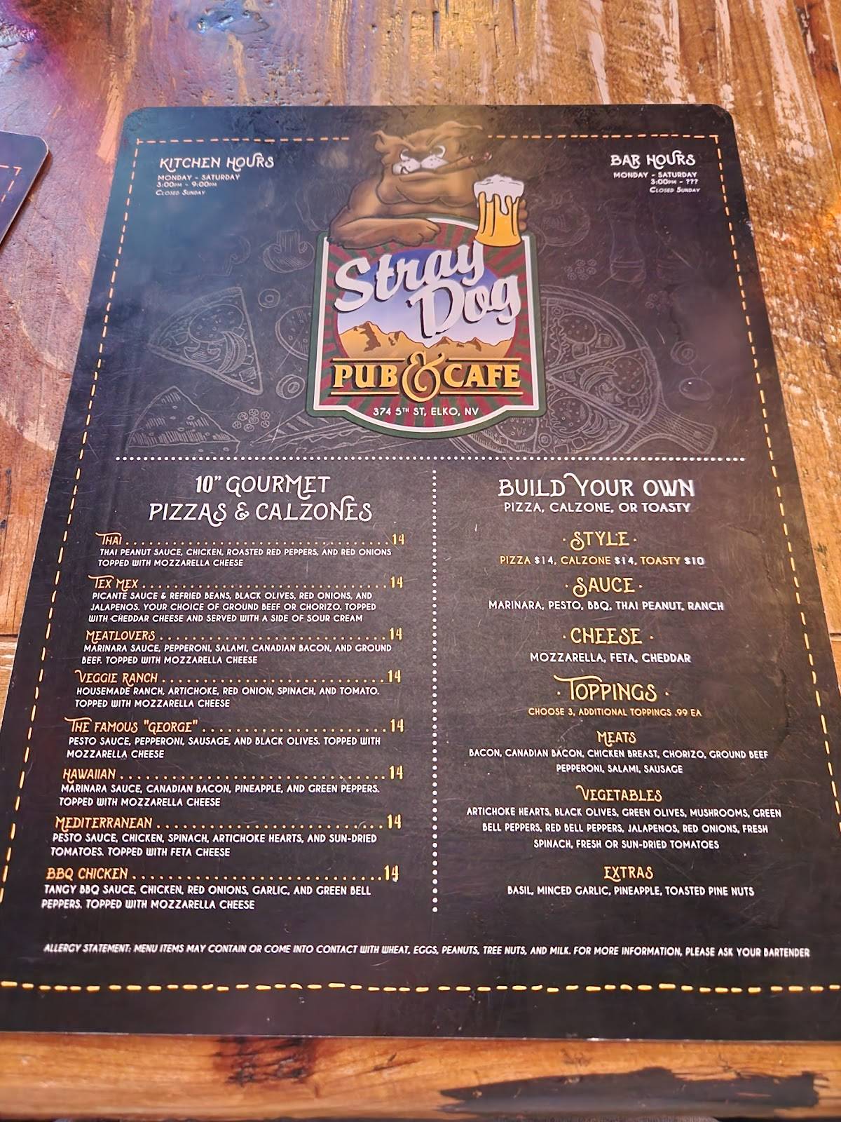 Menu at Stray Dog Pub & Cafe, Elko