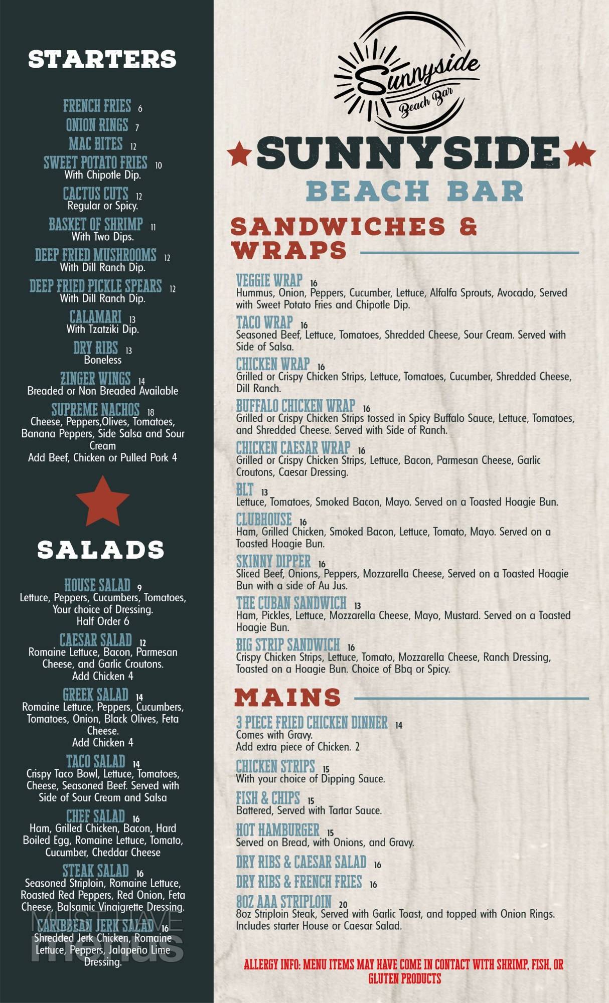 Menu at Sunnyside Bar, Canada