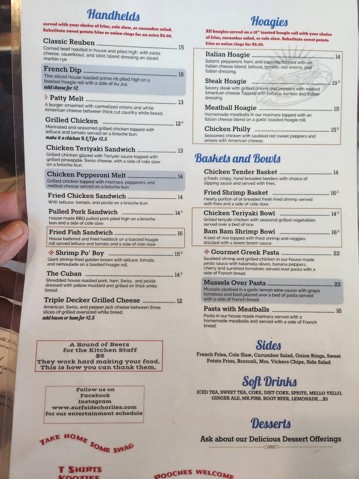 Menu at Surfside Charlies pub & bar, Surfside Beach
