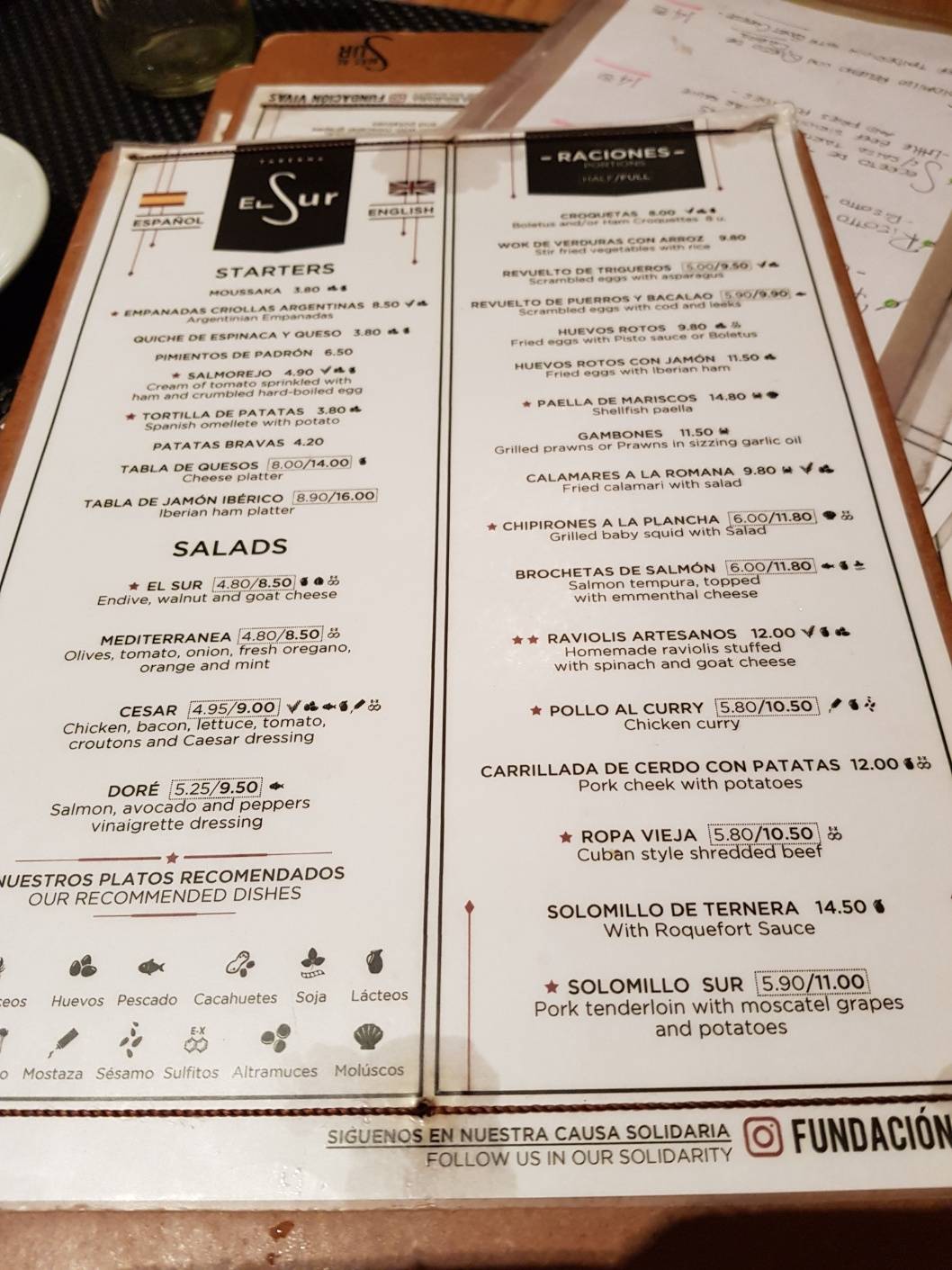 Menu at Taberna El Sur pub & bar, Madrid