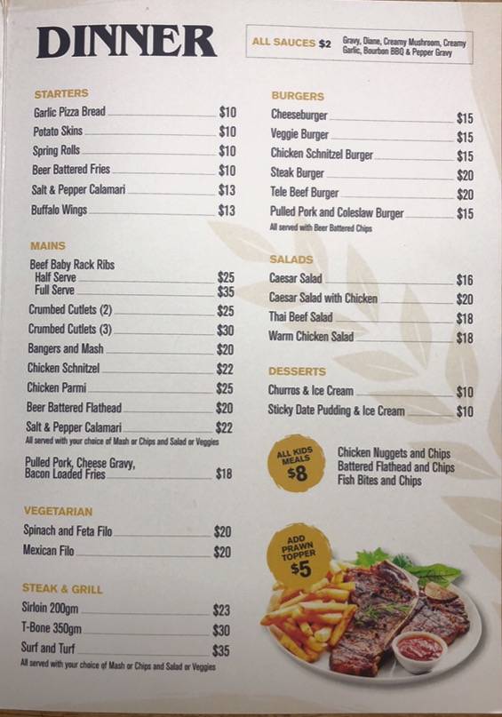 Carta del pub y bar Telegraph Hotel, Tenterfield, Tenterfield