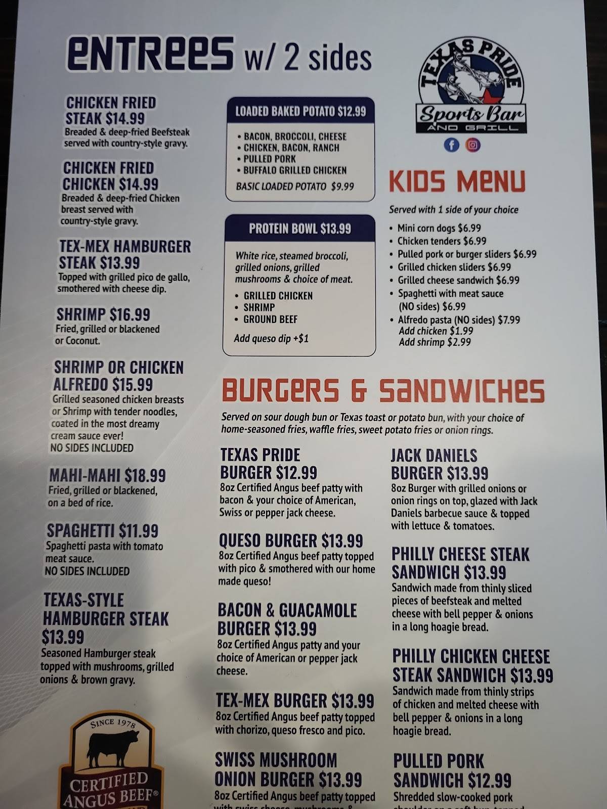Menu at Texas Pride Sports Bar and Grill, Aransas Pass, fm1069