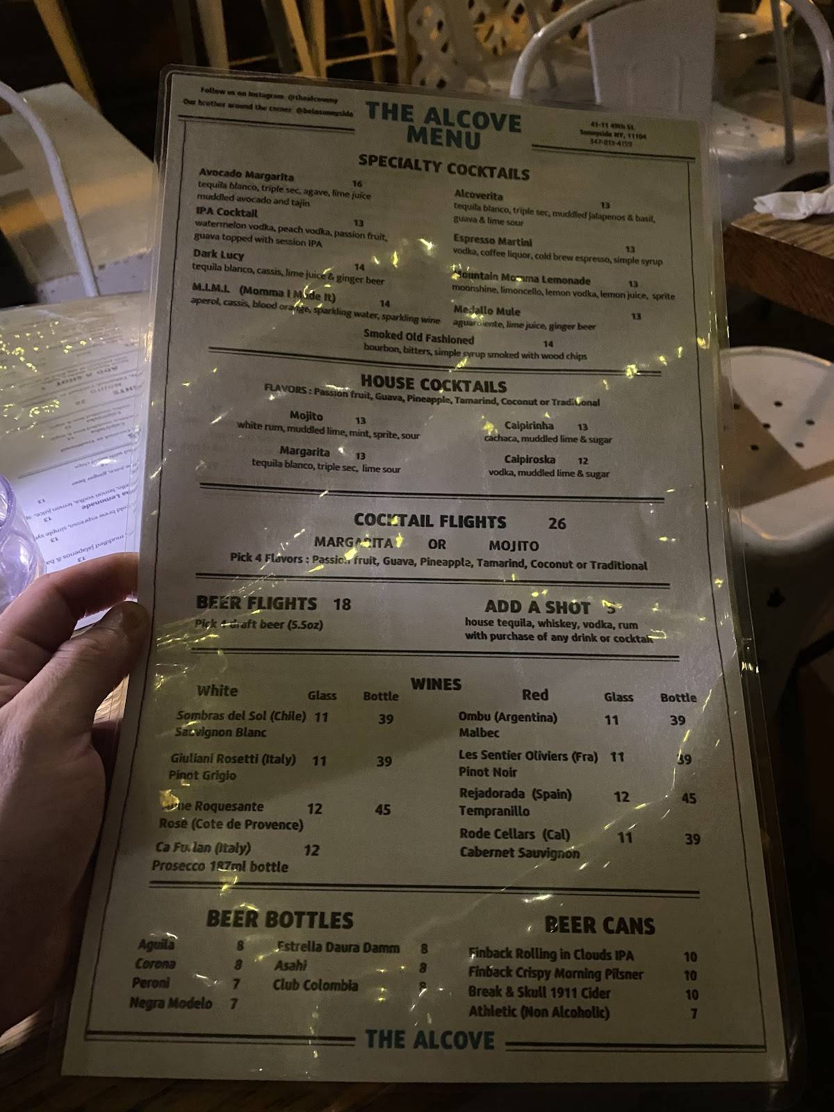 Menu at The Alcove pub & bar, New York City