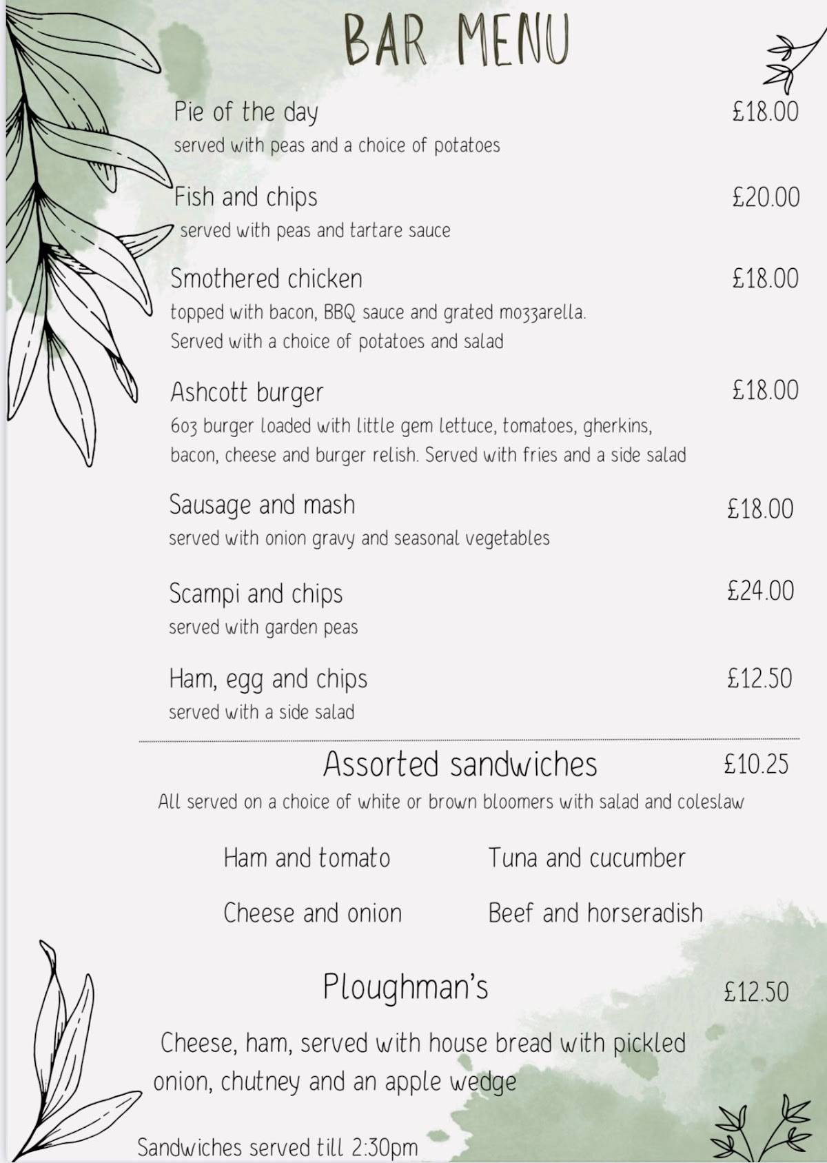 Menu at The Ashcott Inn pub & bar, Pedwell