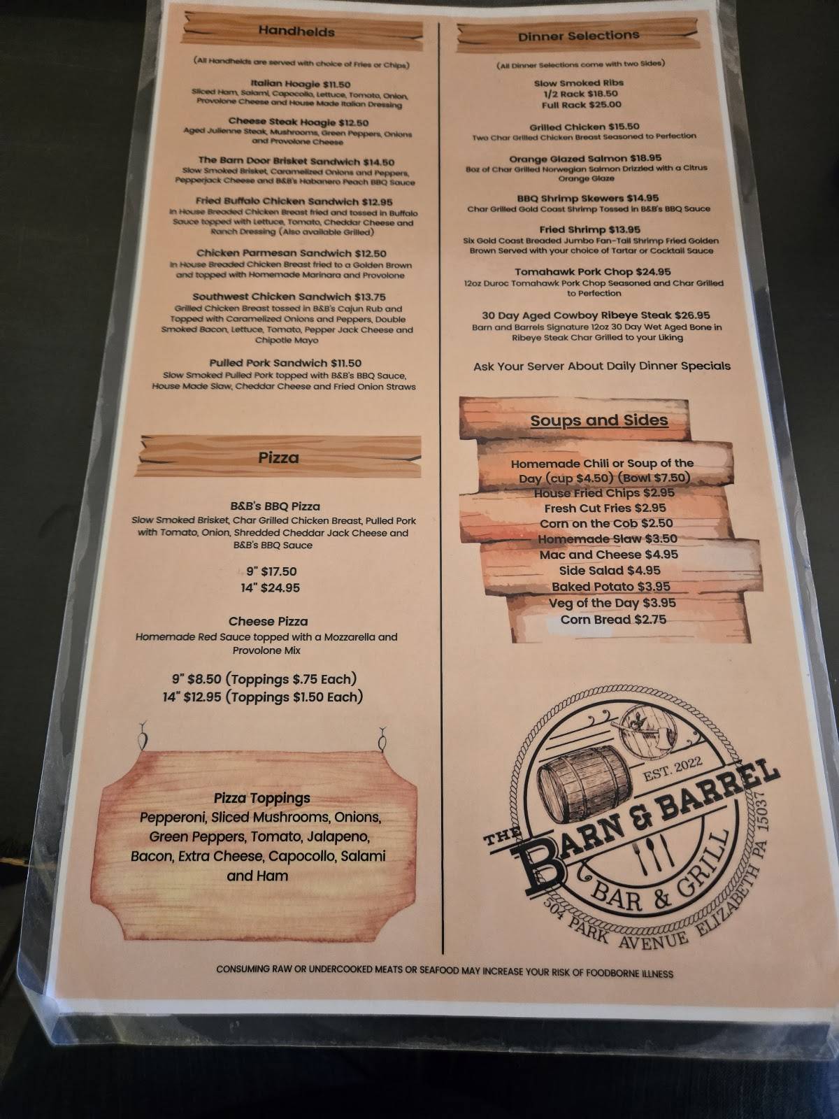 Menu at The Barn & Barrel Bar and Grill, Elizabeth