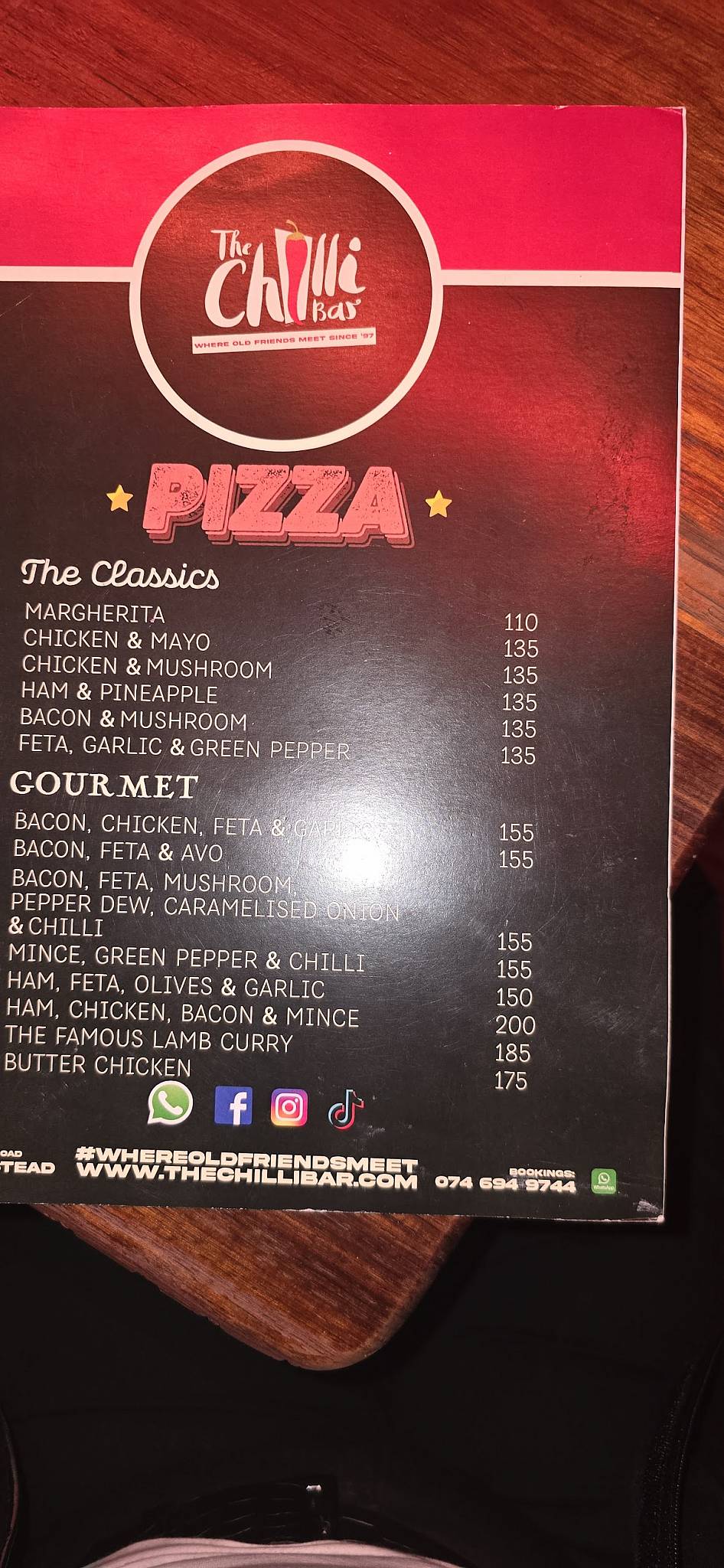 Menu at The Chilli Bar, Cape Town