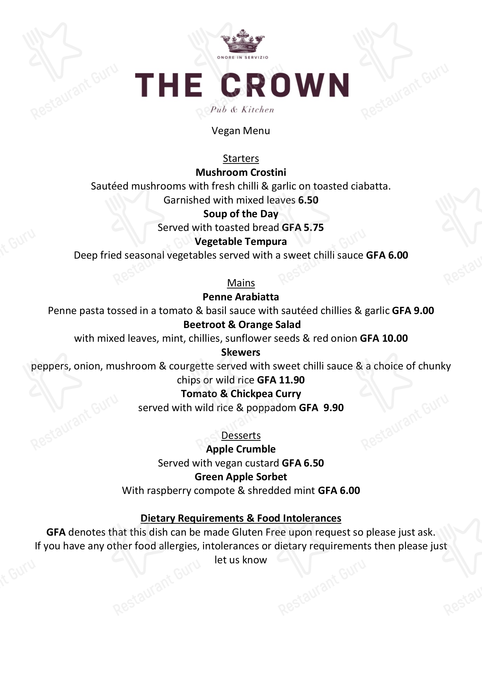Menu at The Crown at Shillington pub & bar, Pirton
