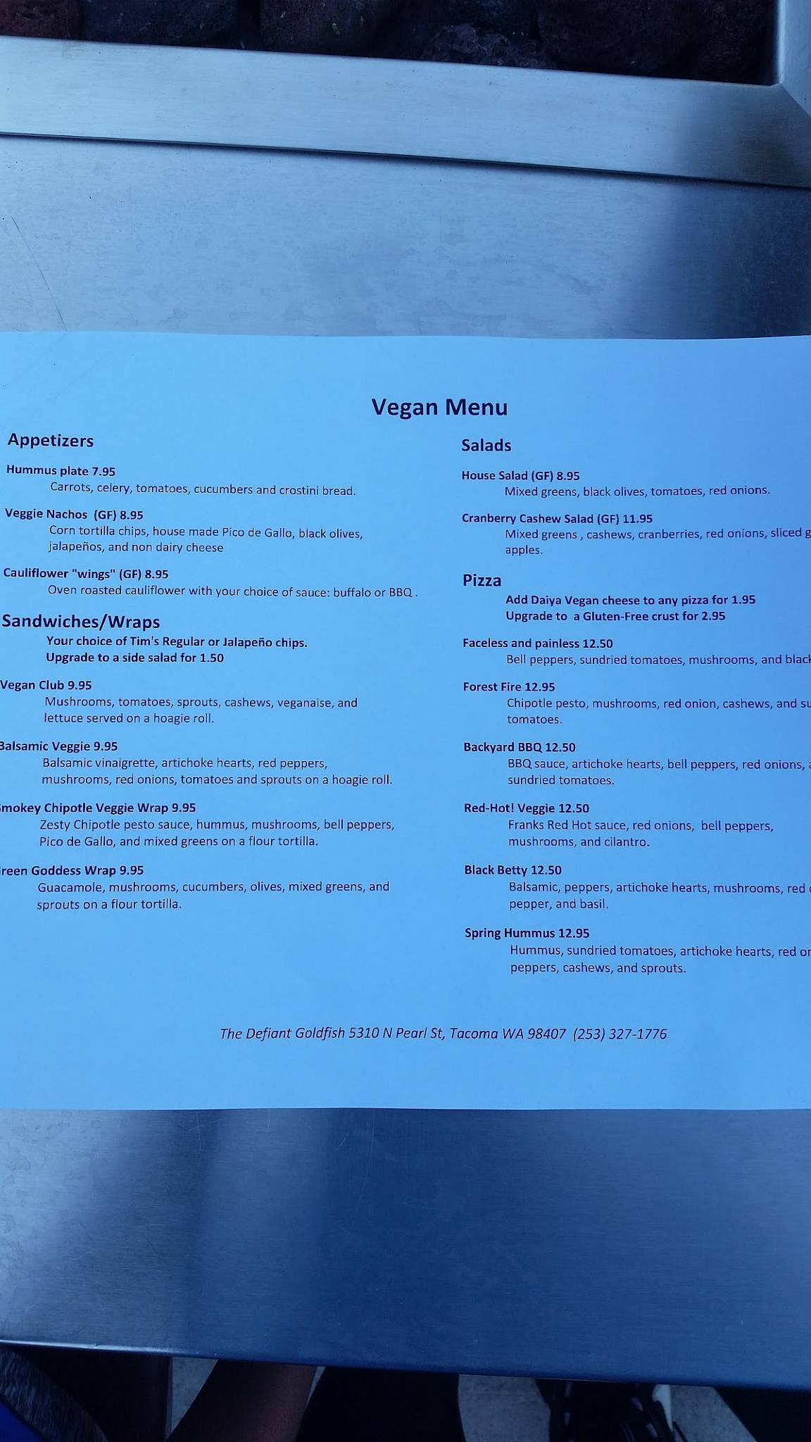 Menu at The Defiant Goldfish pub & bar, Tacoma