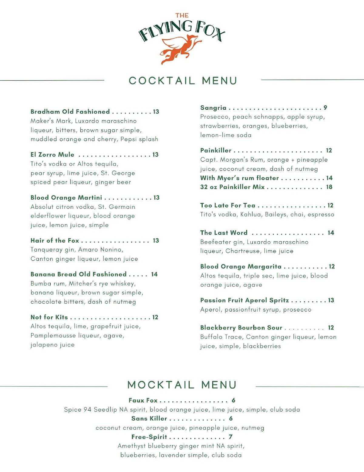Menu at The Flying Fox pub & bar, New Bern