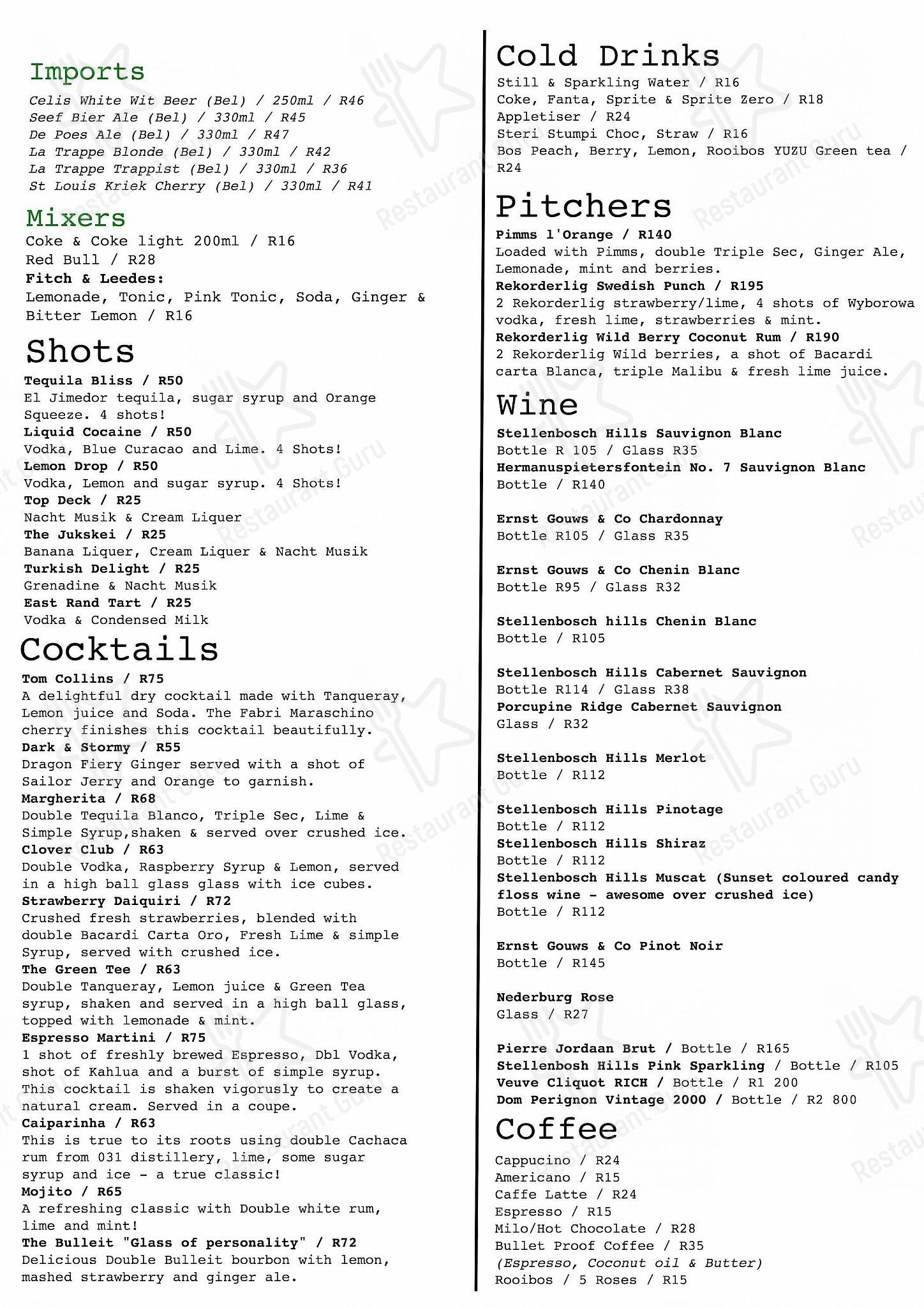 Menu at The Green Craft Bar, South Africa, Modderfontein Golf Club