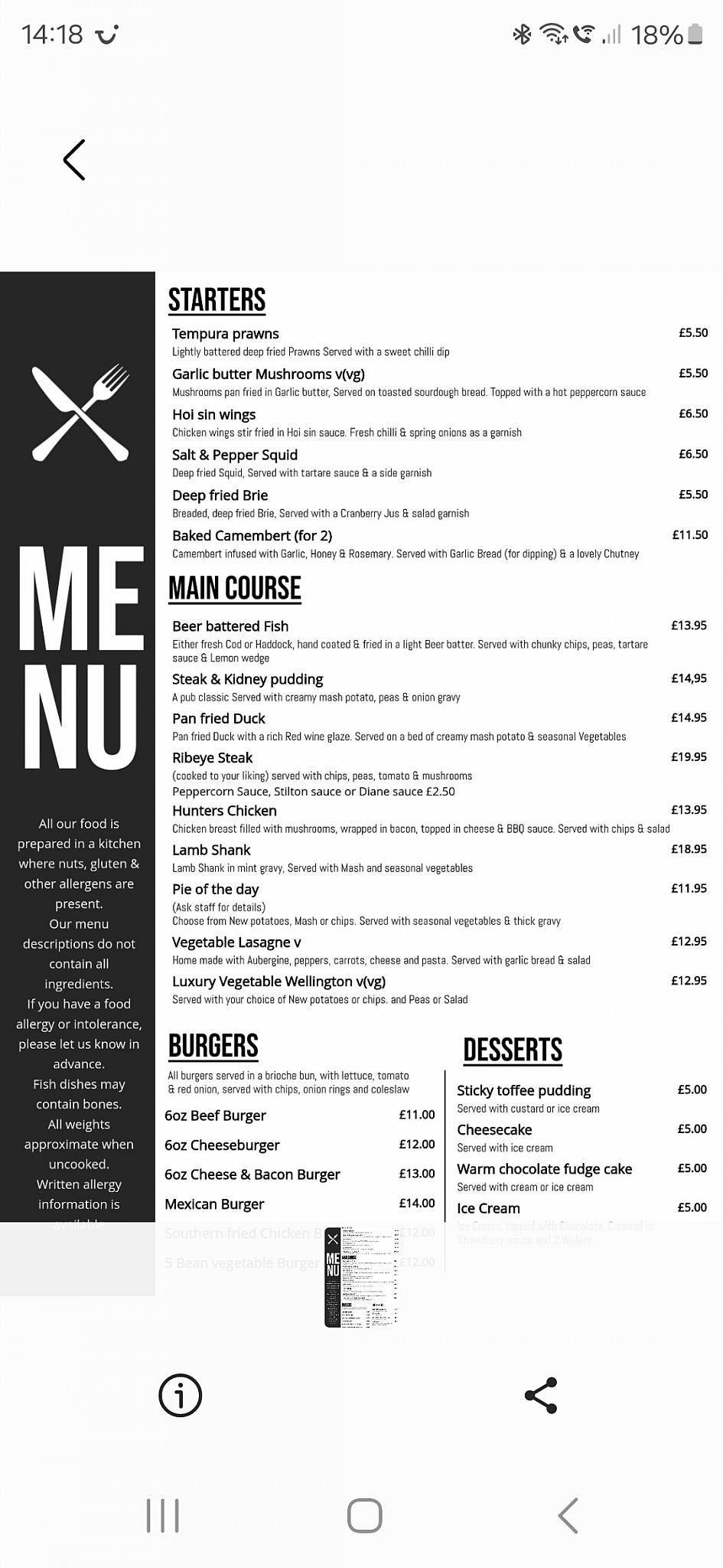 Menu at The Hogarth Inn pub & bar, Isle Of Grain