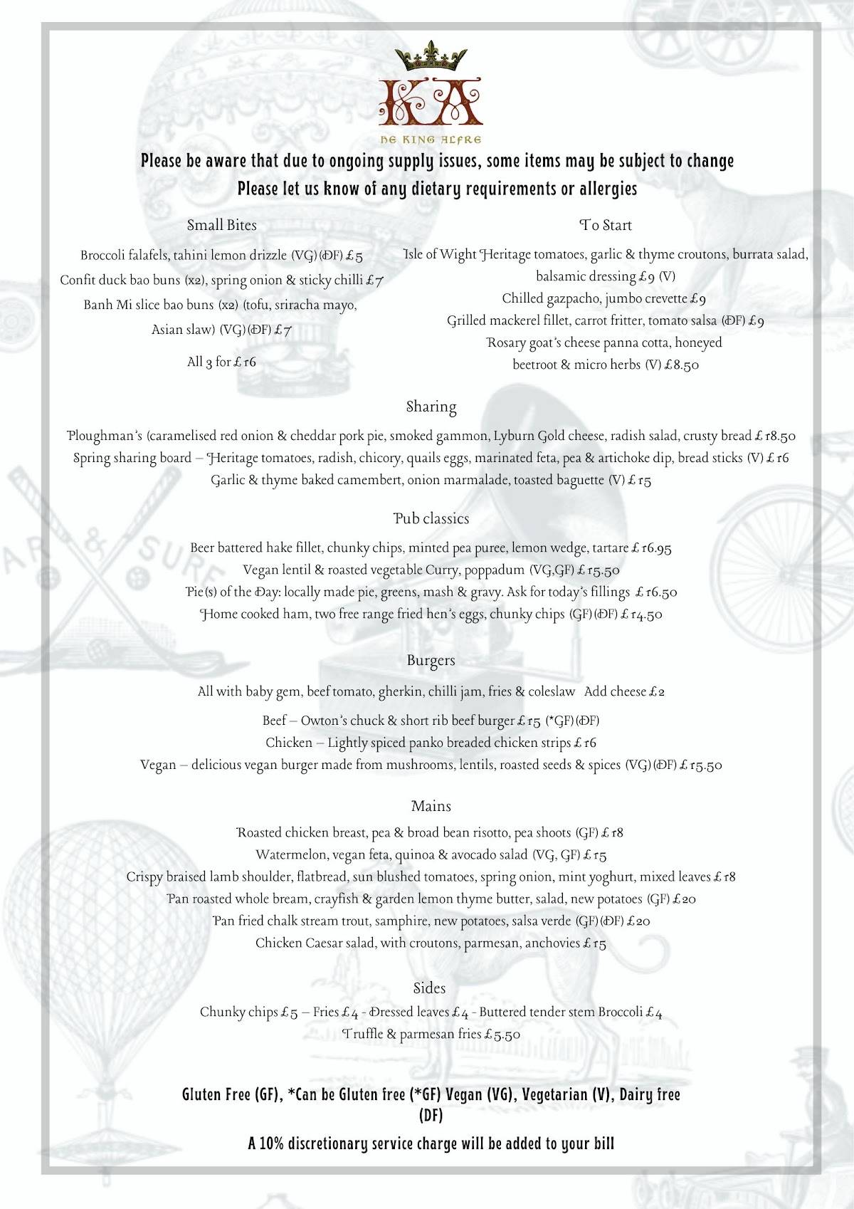 Menu at The King Alfred pub & bar, Winchester