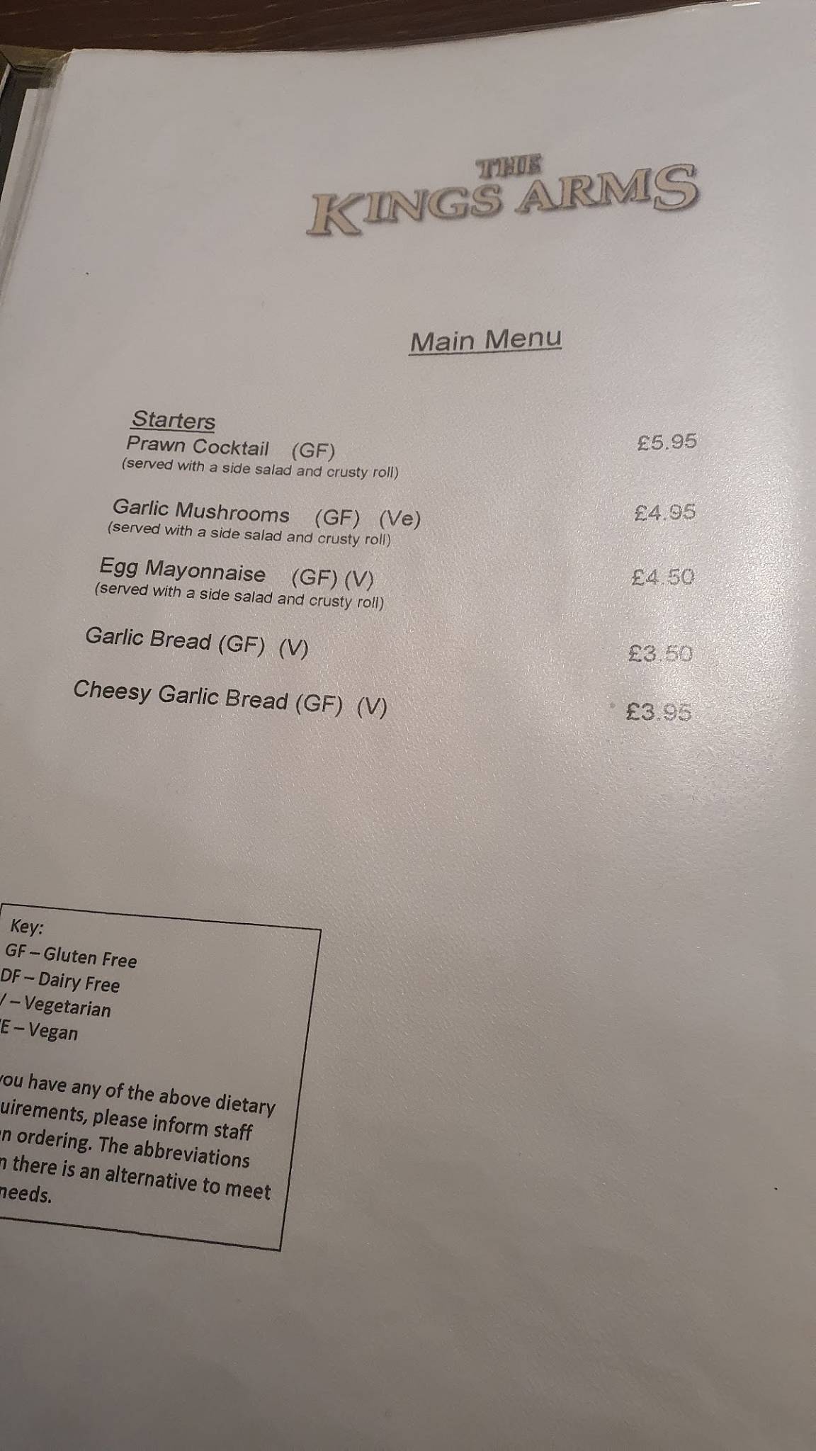 Menu at The Kings Arms Inn pub & bar, Bowness