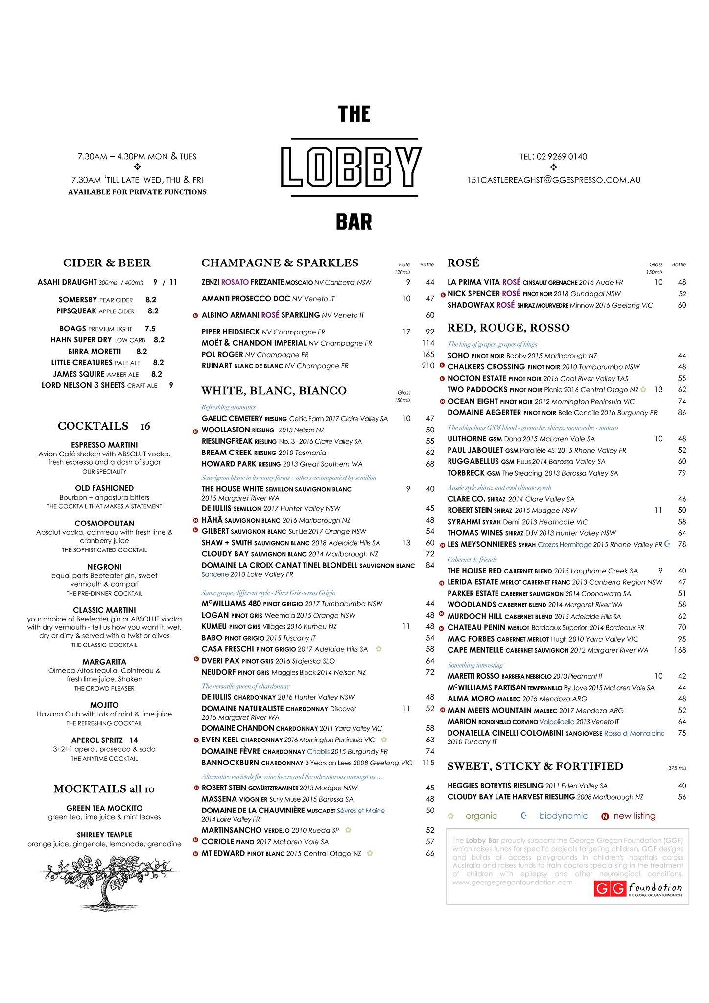 Menu at The Lobby Bar, Sydney, 151 Castlereagh St