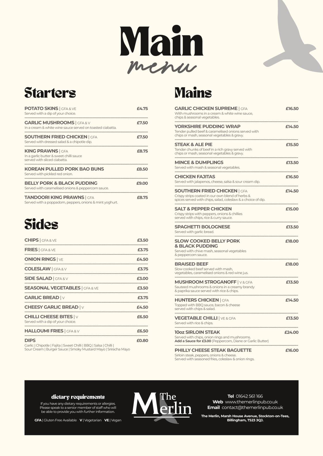 Menu at The Merlin Billingham pub & bar, Billingham, The Merlin