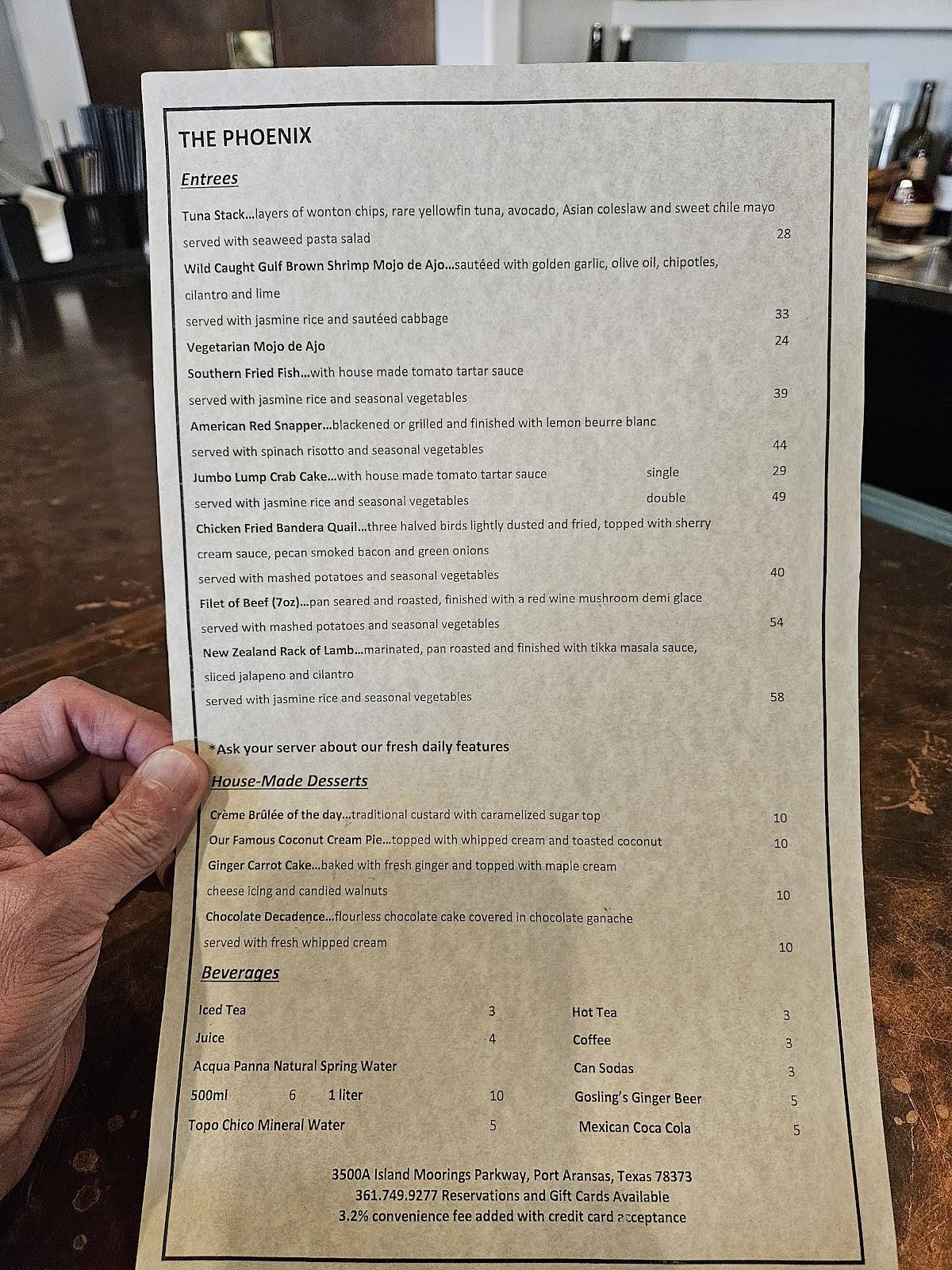 Menu at The Phoenix Restaurant & Bar, Port Aransas, -A Island Moorings Pkwy