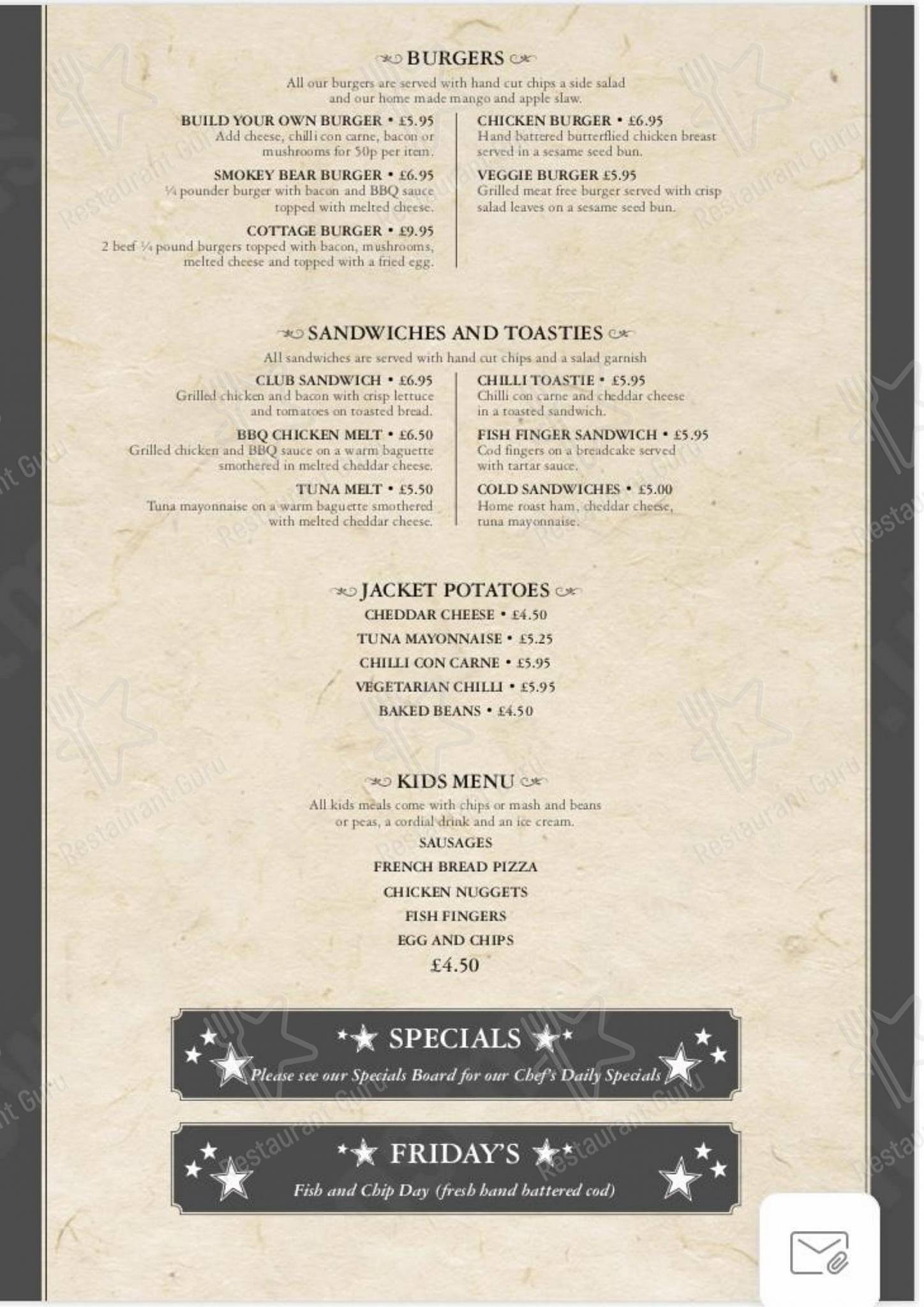 Menu at The Walkley Cottage pub & bar, Sheffield