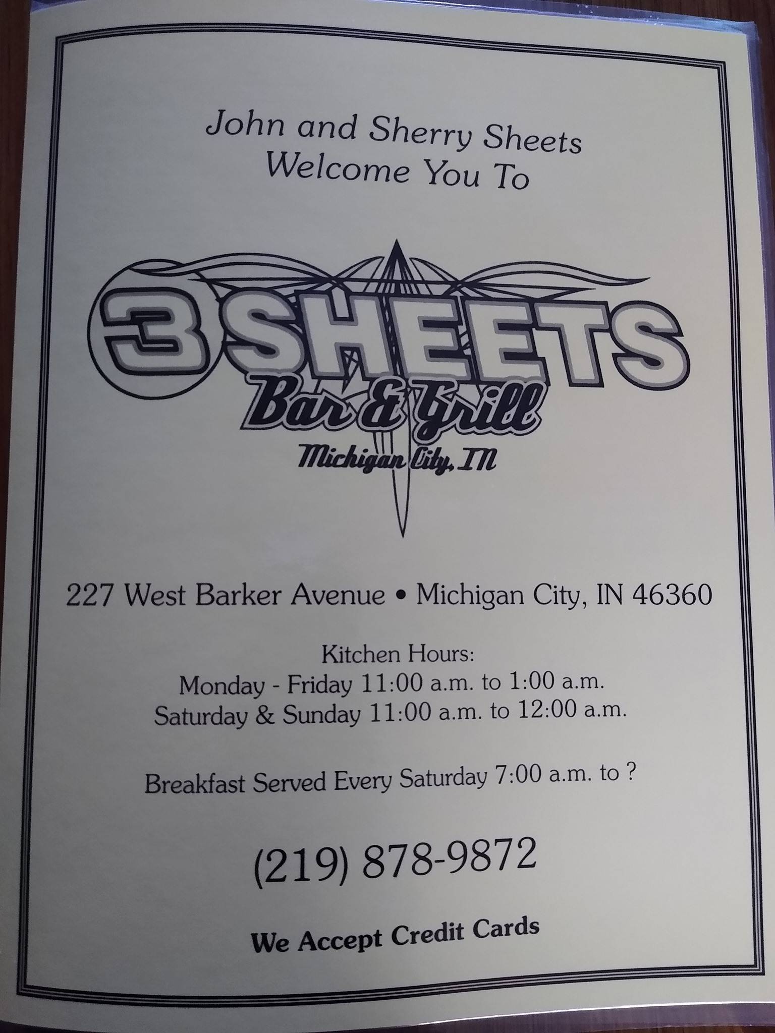 Menu at Three Sheets Bar & Grill, Michigan City