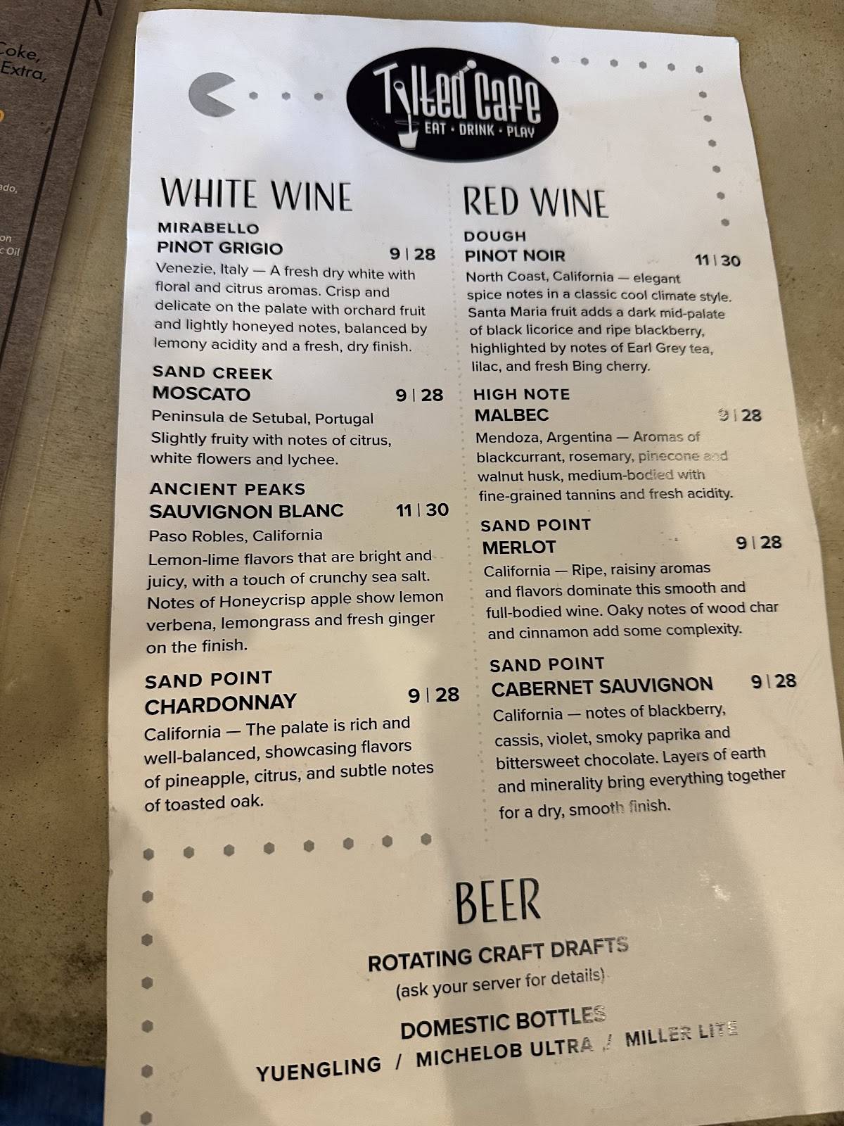 Menu at Tilted Cafe, Hiawassee