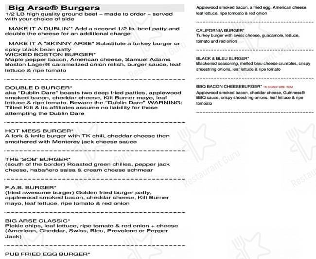Menu at Tilted Kilt Pub and Eatery, Orlando, International Dr