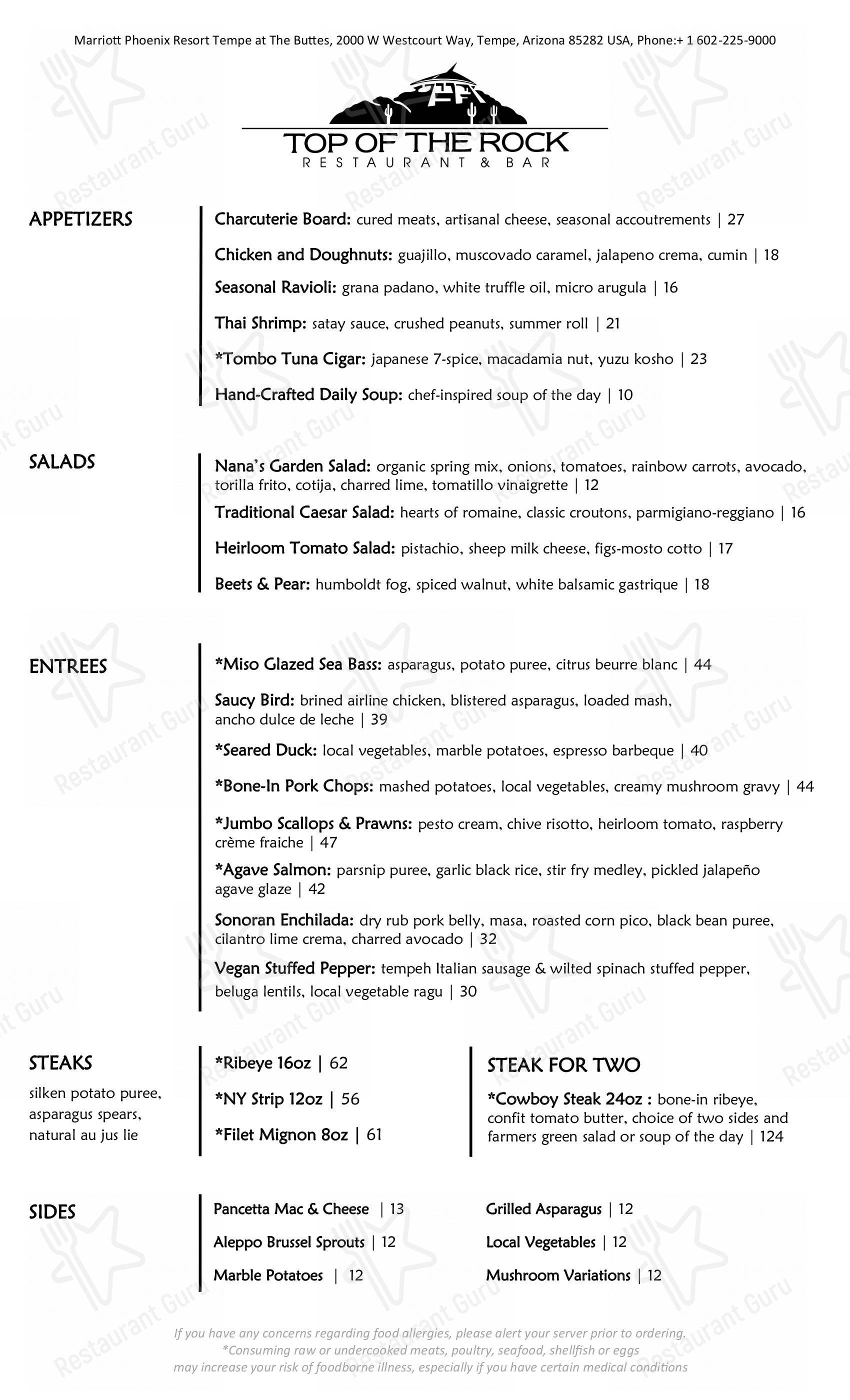 Menu at Top of the Rock Restaurant, Tempe