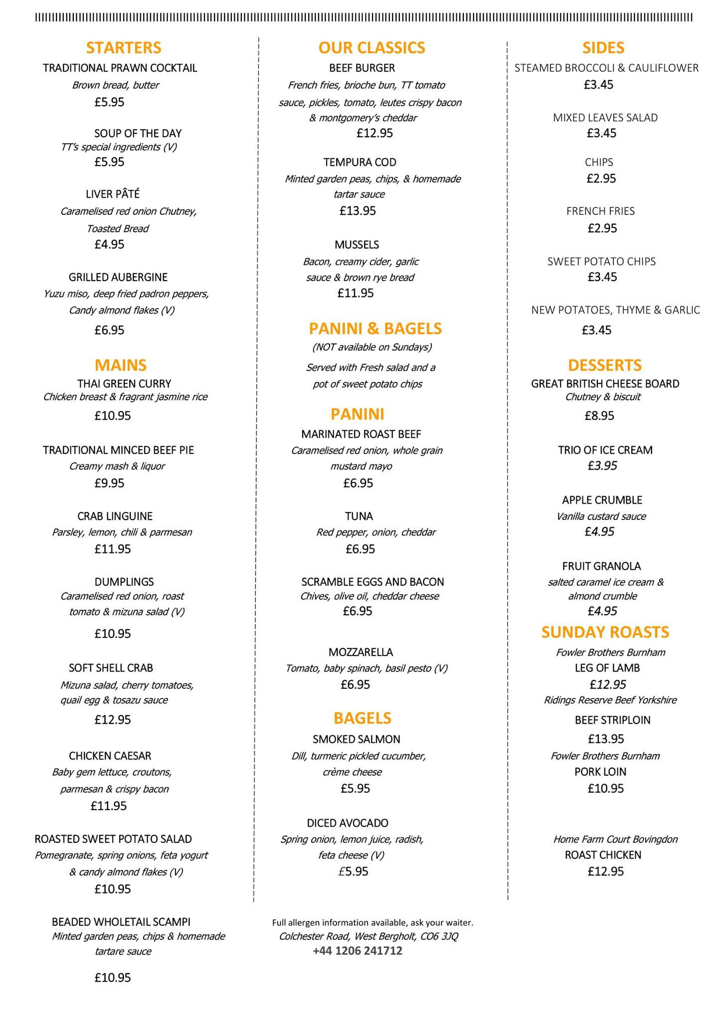 Menu at Treble Tile pub & bar, Colchester